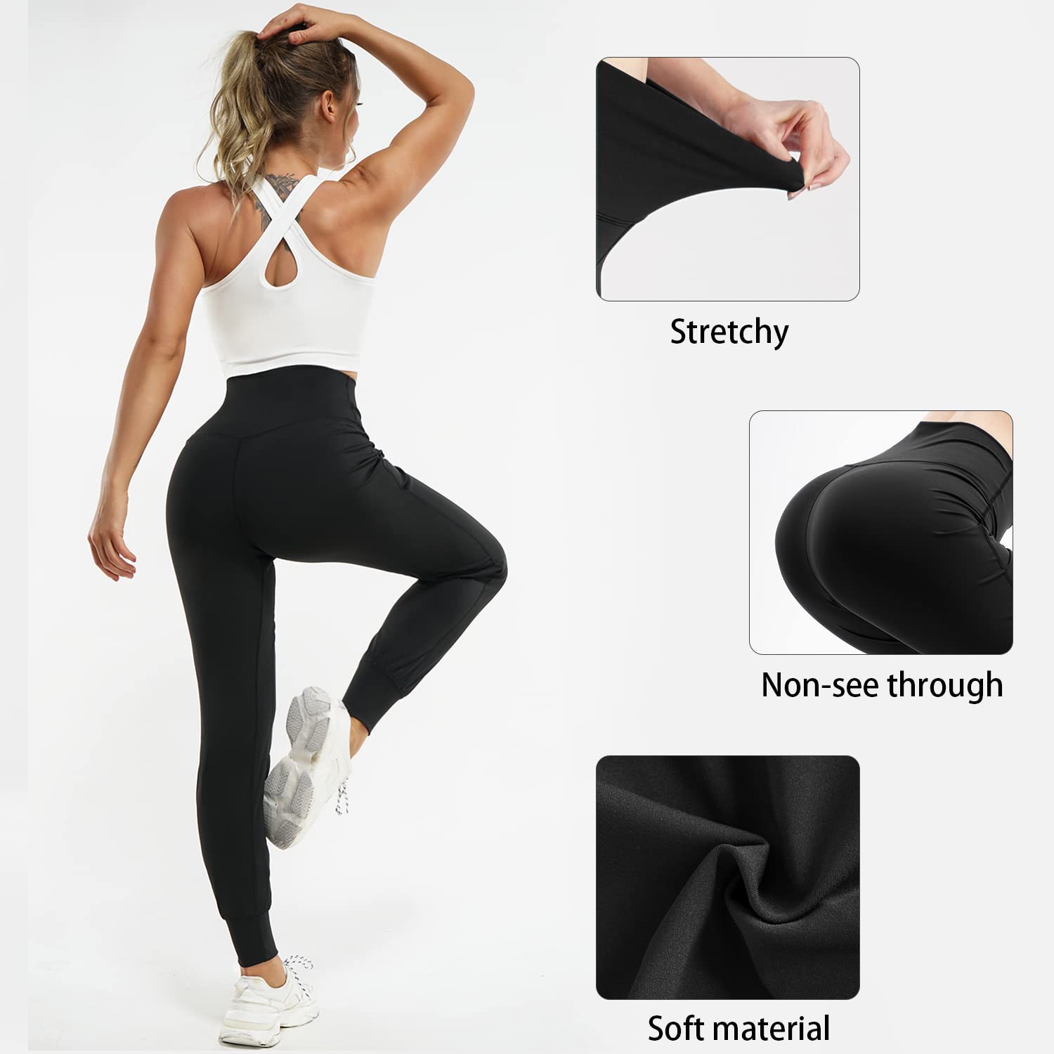 LEINIDINA Women’s Jogger Pants Active High Waisted Sweatpants with Pockets Tapered Casual Lounge Pants Loose Track Cuff Leggings (Black, X-Large)