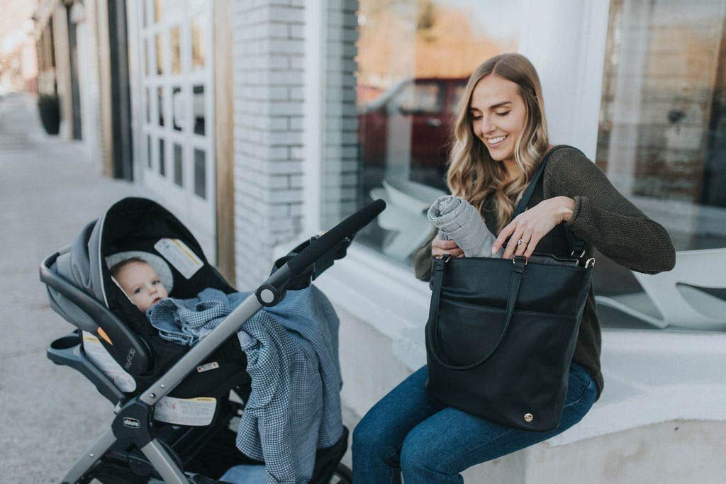 Little Unicorn Citywalk Tote – Diaper, Work, Travel Bag with Changing Pad - Premium Vegan Leather – 6 Interior Pockets – Wipes Clean Inside & Out (Black)