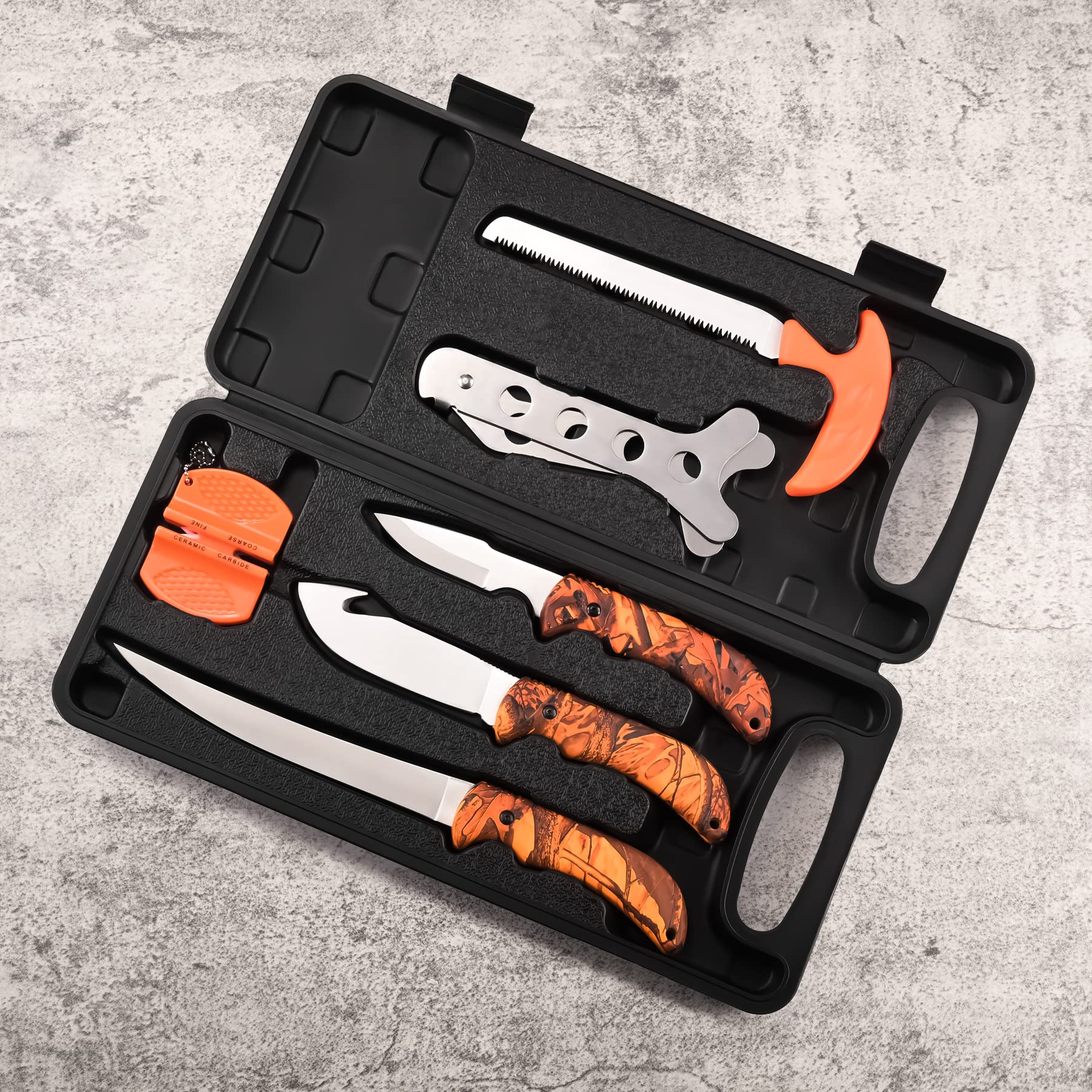 KNINE OUTDOORS Hunting Field Dressing Kit Deer Processing Knife Set Red Maple Camo Handle Portable Game Processor Set with Nylon Belt Sheath, 8 Pieces