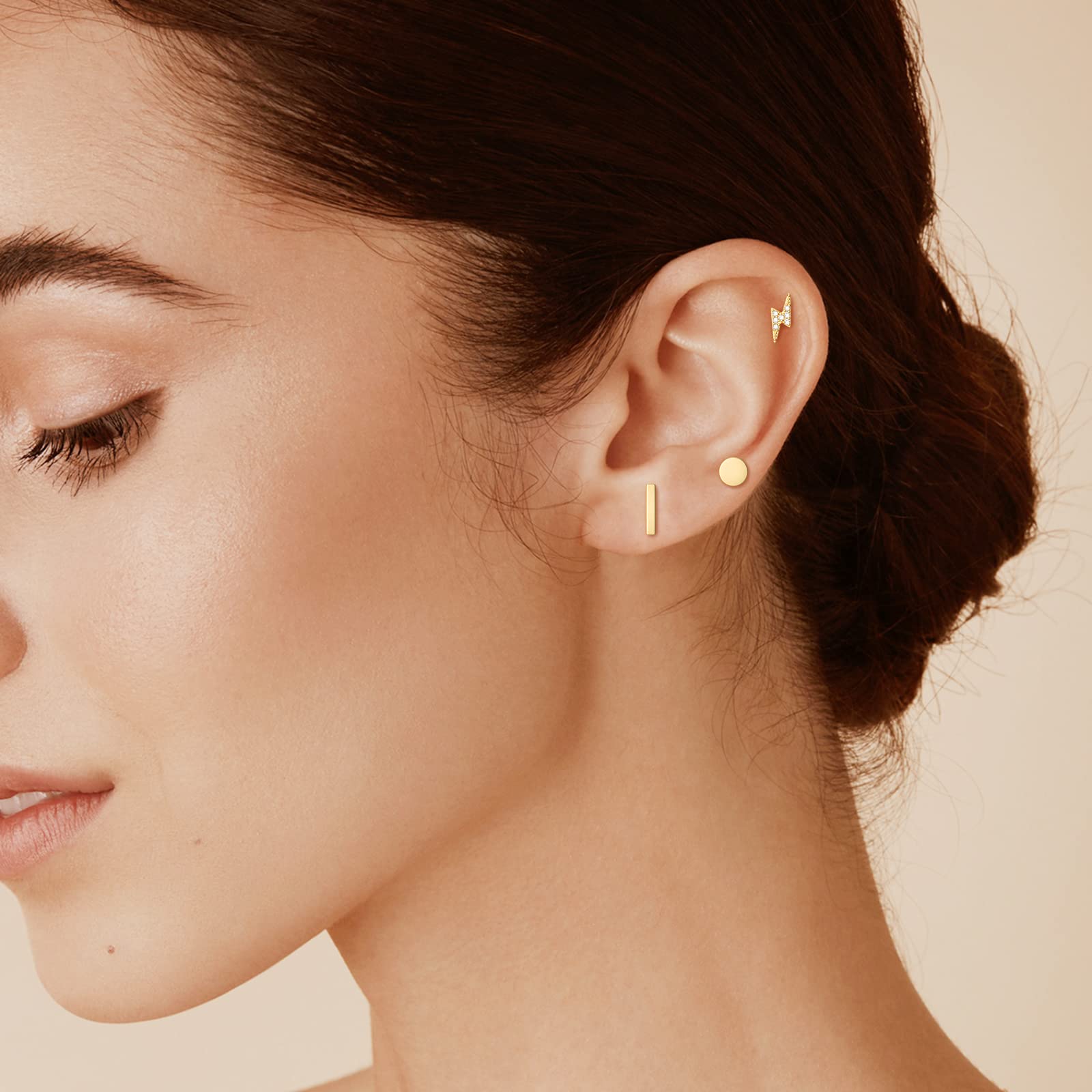 JIAYIQI 2 Pairs 14K Gold Plated Stud Earrings for Women Hypoallergenic 925 Sterling Silver Bar Dot Stud Earrings Small Gold Stud Earring Set Cartilage Earrings