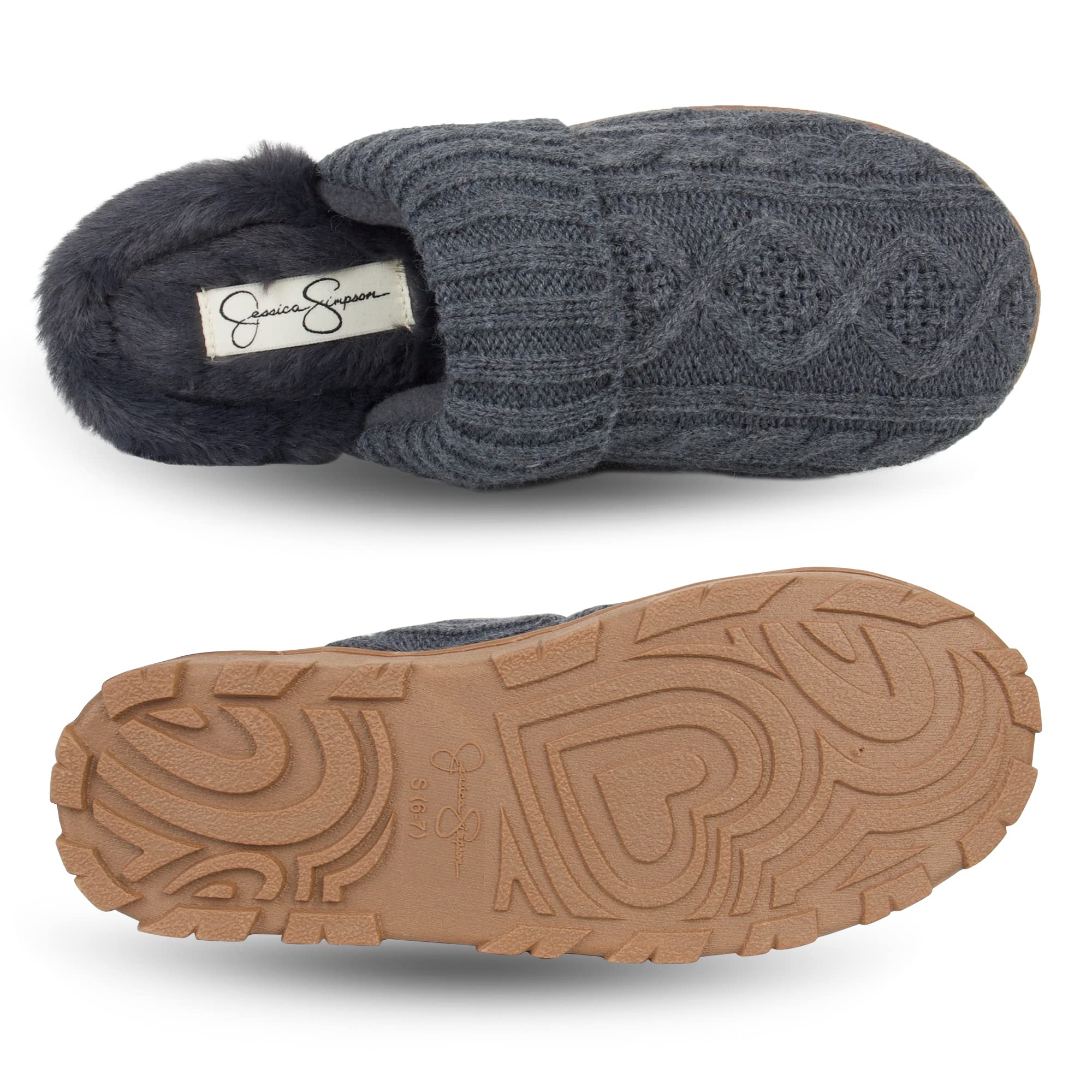 Jessica Simpson Womens Soft Cable Knit Slippers with Indoor/Outdoor Sole, Charcoal, XL