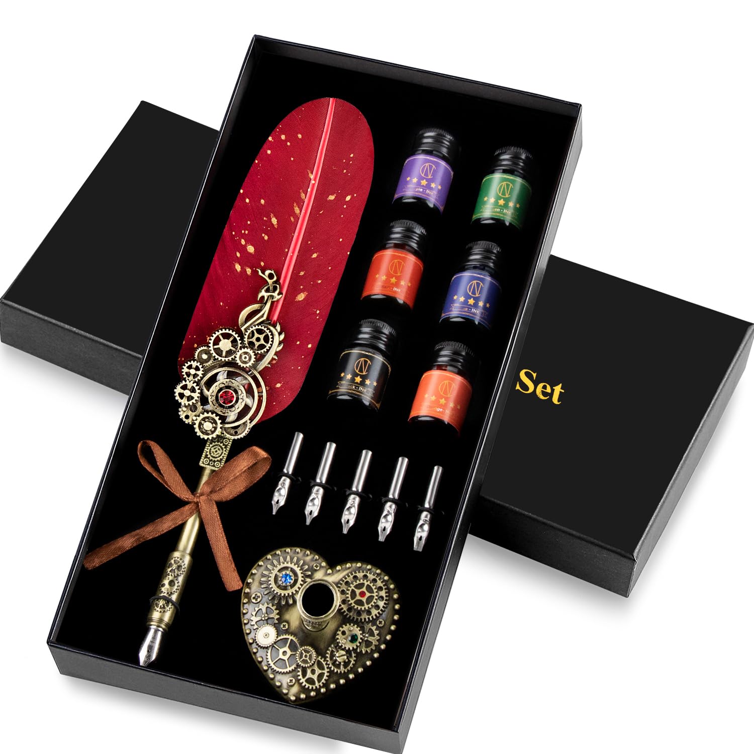 NC Quill Pen and Ink Set, Includes Quill Pen and 6 Bottles Color Ink, 5 Replaceable Nibs, Pen Holder, Christmas gifts,Valentineβs Day Gift,Birthday Gift, Calligraphy Set Holiday Ideal Gift.(Red)