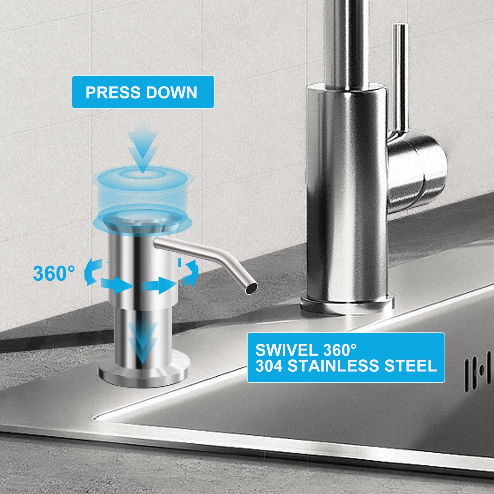 Soap Dispenser for Kitchen Sink with 304 Stainless Steel Pump Head, fit 1ββ-3'' Thick Countertop, Built in Soap Pump with Continuous Extension Tube & Large Capacity Bottle in Brushed Nickel