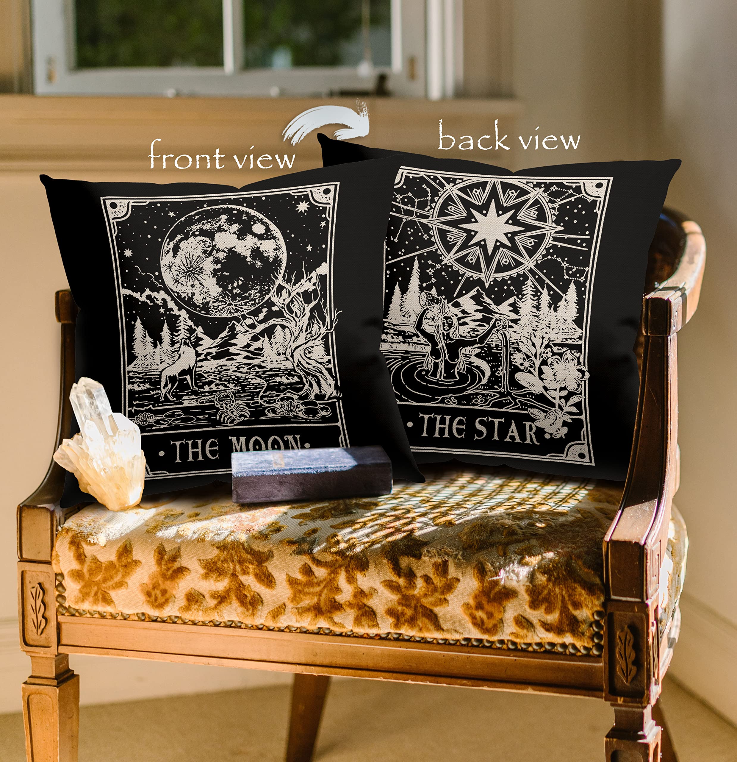 Knibeo Tarot Card Pillow Covers - Reversible Moon Pillow Covers Pillow Covers 18x18 Set of 4, Gothic Pillow Covers, Tarot Throw Pillow, Tarot Gifts, Decorative Pillows Astrology, Gothic Decor