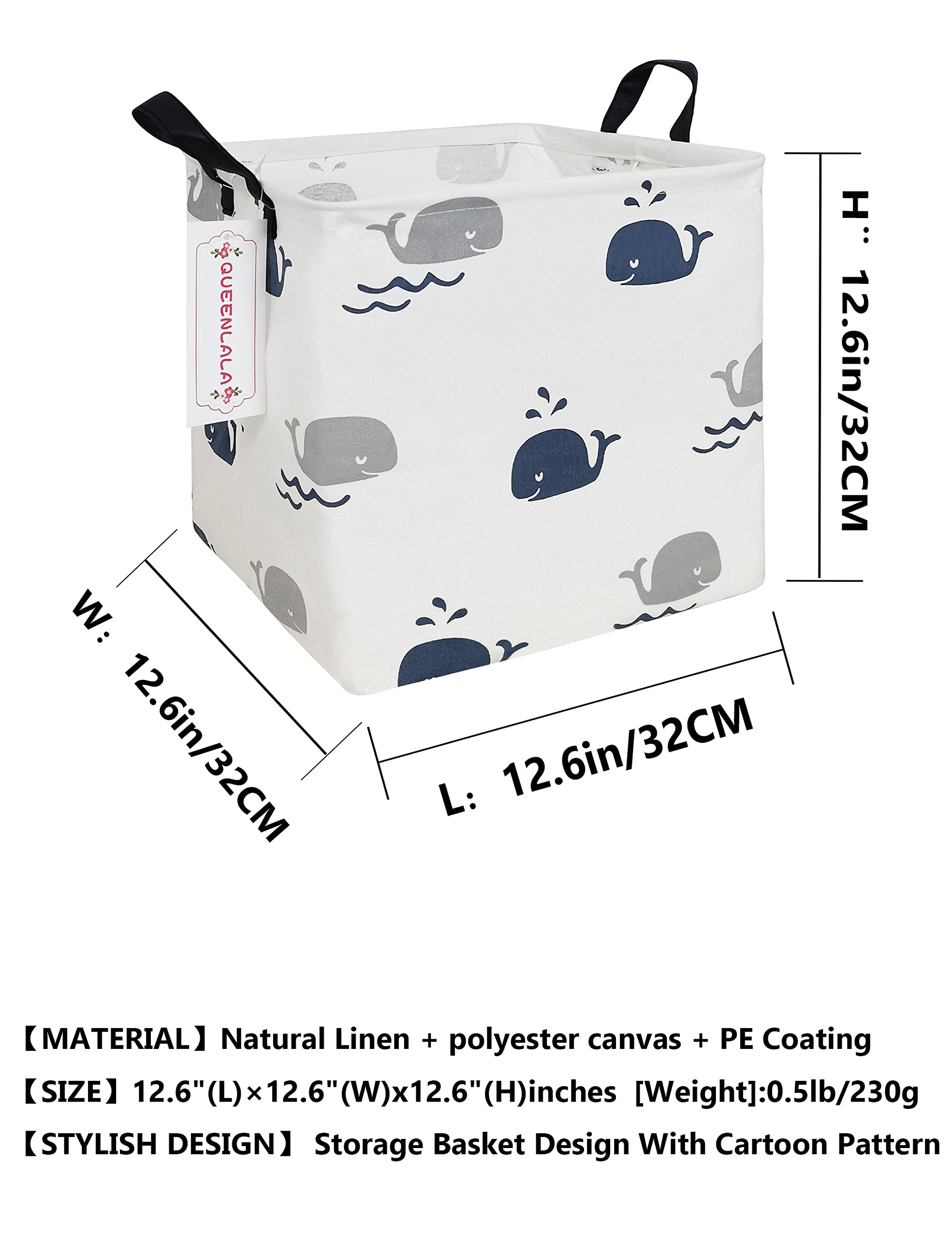QUEENLALA Rectangular Laundry Hamper/Foldable Nursery Laundry Basket for Organizing/Storage Bin Baskets/Children Toy Office Bedroom/Toy Bin Closet Shelf Baskets(Square-Blue Cute Whale)