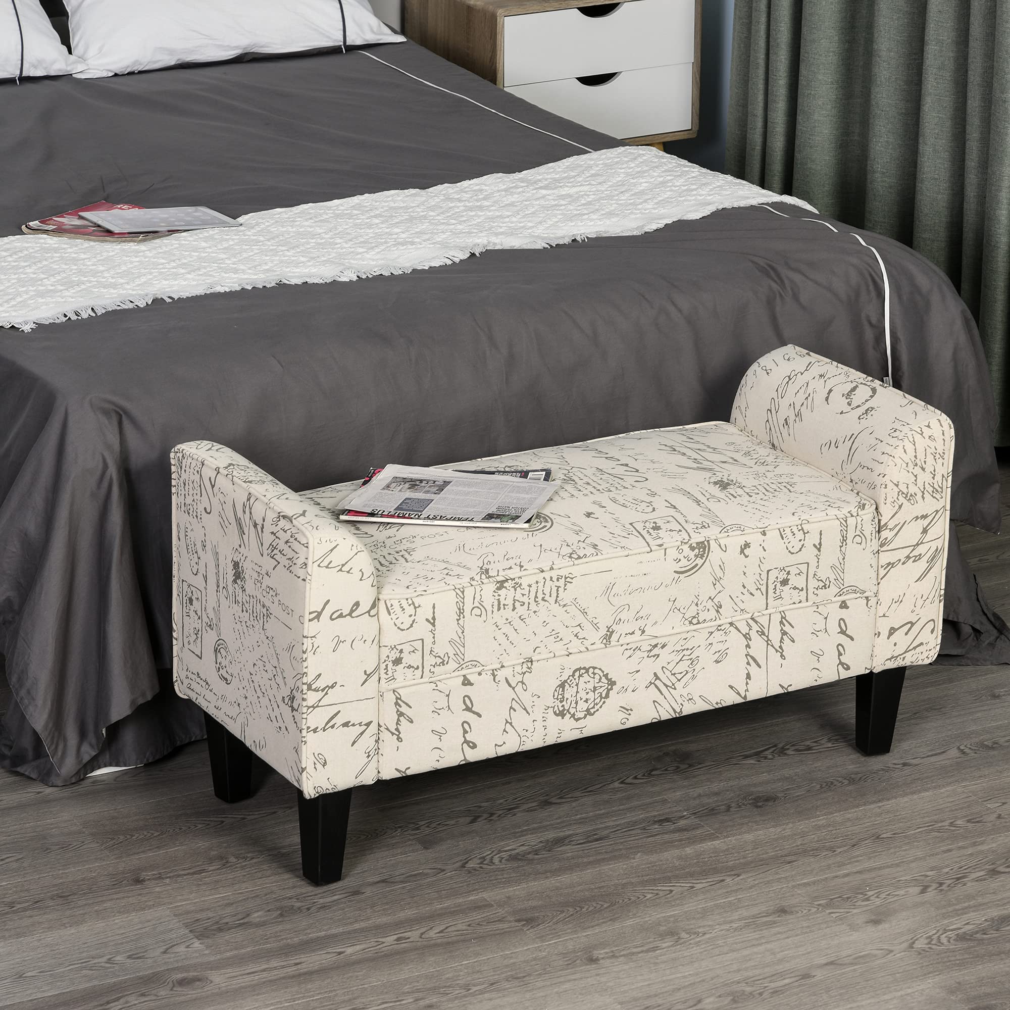 HOMCOM 42" Ottoman Bench, Modern Linen Armed Entryway Bench, Signature Print with Cream White Parchment Background