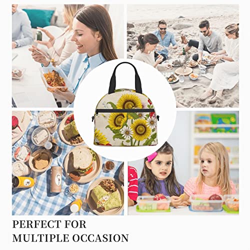NOLACE Bees Sunflowers Daisy Rose Flowers Lunch Bag For Women & Men Adjustable Shoulder Strap,Leak Proof,Tote Bag For Office Work,Picnic