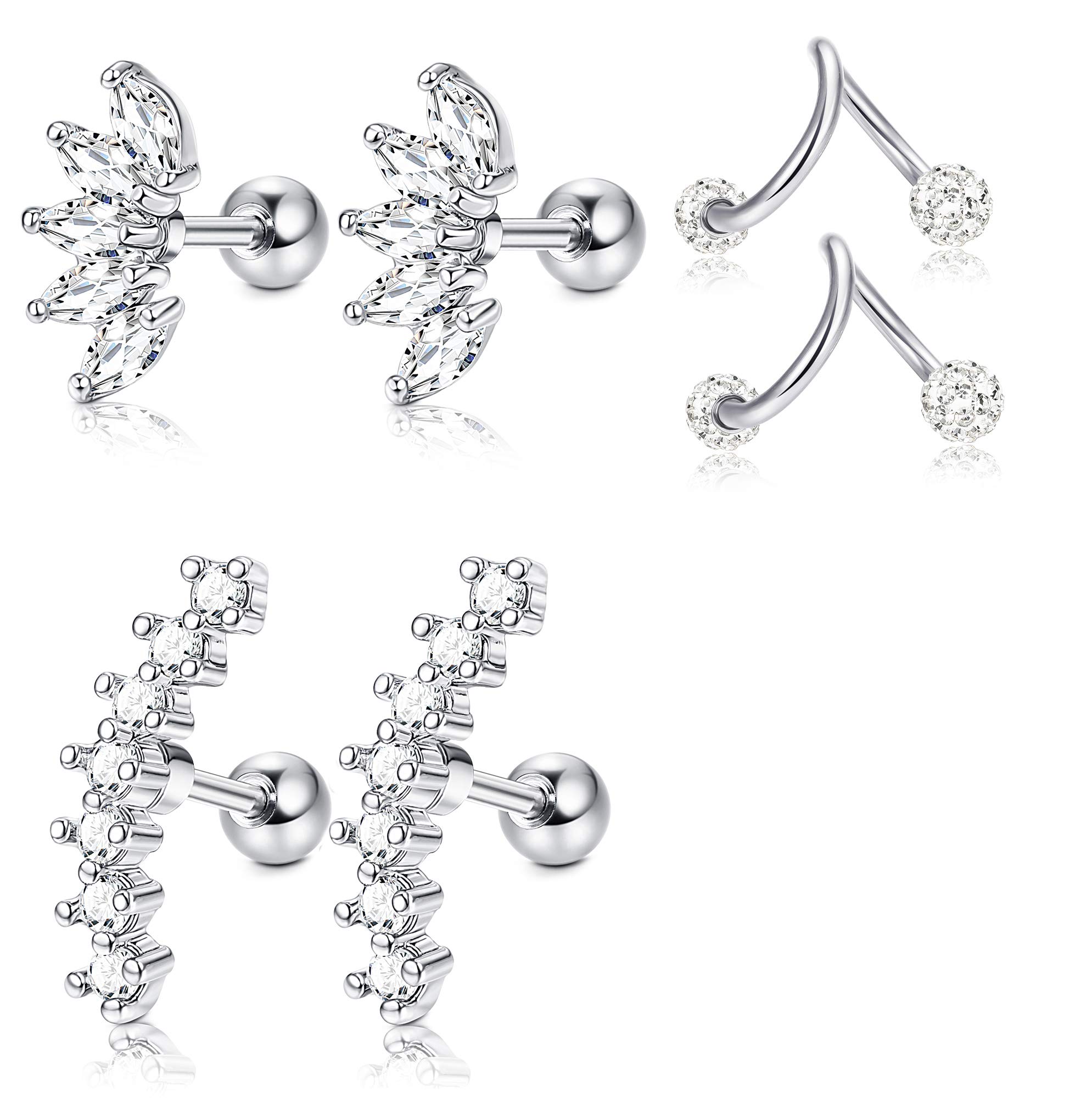 JOERICA 3 Pairs Stainless Steel Silver Ear Cartilage Earrings for Women Tragus Helix Earring Cute Conch Flat Back Piercing Jewelry 16G