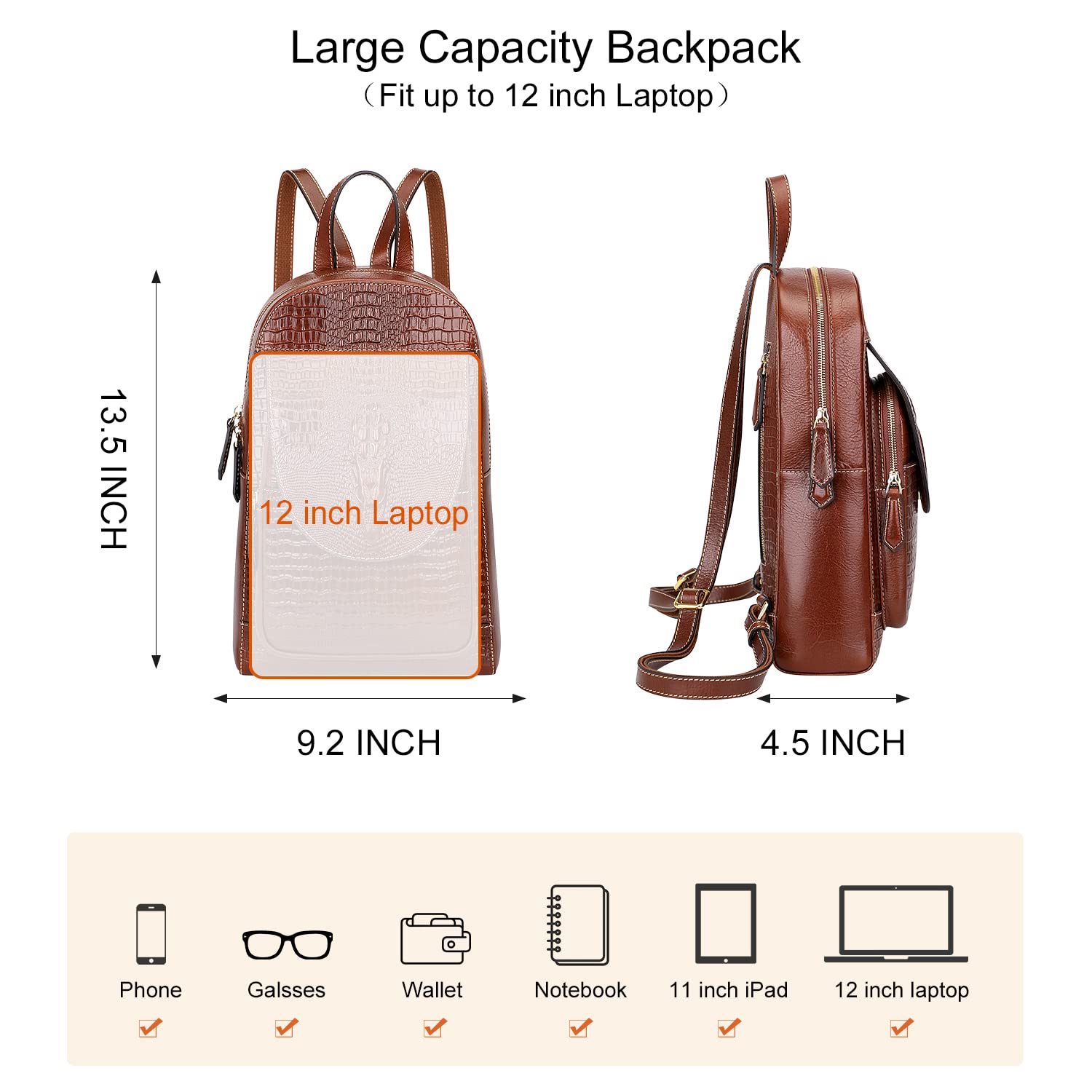 PIJUSHI Womens Genuine Leather Backpack Purse for Women Crocodile Leather Backpack (66512 Brown)