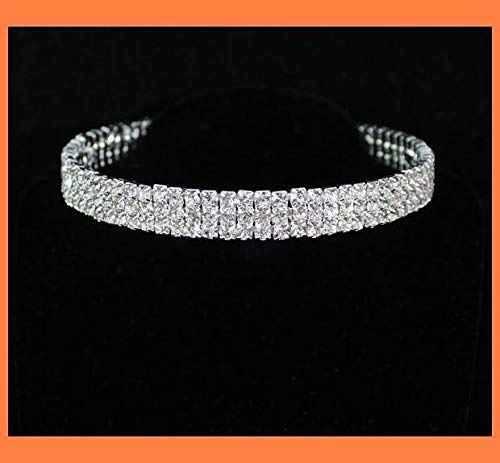 Janefashions 3-row Three-Row Clear Austrian Rhinestone Crystal Choker Necklace Collar Dance Party Wedding Prom Gold or Silver N175 (Silver)