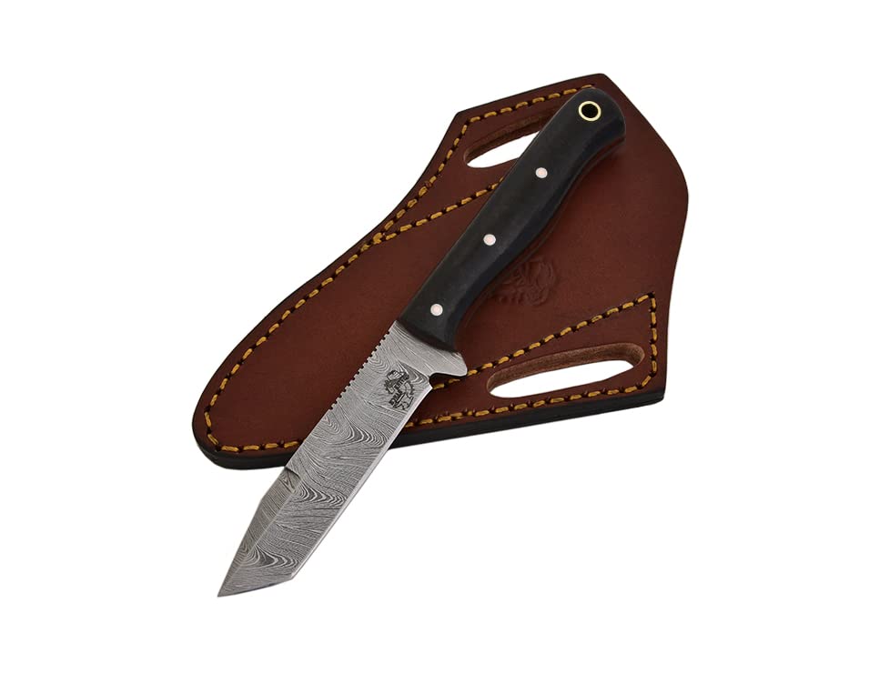 Knives Ranch ECD Fixed Blade Knife, Tanto Point, Damascus Steel, Black Burlap Micarta Handle Fine Quality 45 Degree Sheath Snug Fit (3184-M)