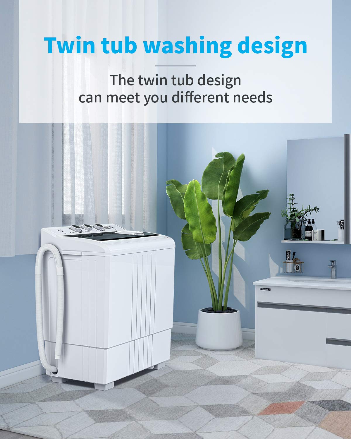 KUPPET Compact Twin Tub Portable Mini Washing Machine 21lbs Capacity, Washer(14.4lbs)&Spiner(6.6lbs)/Built-in Drain Pump/Semi-Automatic, White&Gray
