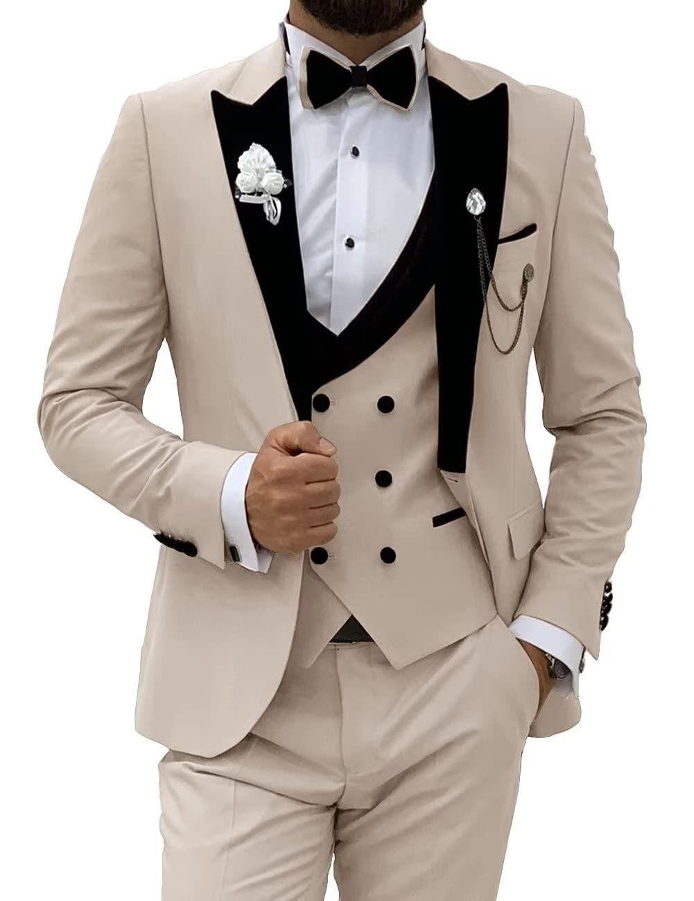 HUUTOE HANBANGWEI Double Breasted Suit Men Slim Fit Tuxedo for Men Plus Size Tuxedo Suit for Men Formal Beige and Black Suits for Men L Size