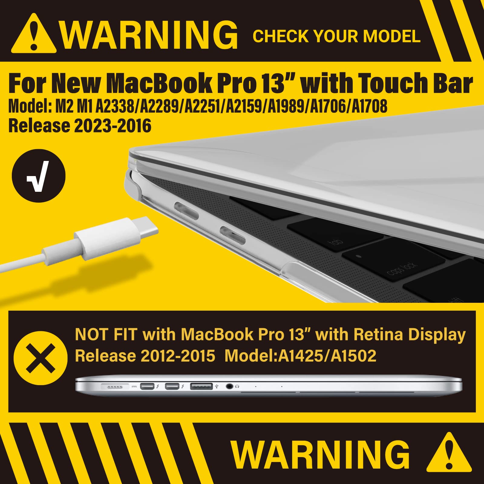 IBENZER Compatible with 2024 2023 M2 MacBook Pro 13 Inch Case 2024-2016 M1 A2338 A2289 A2251 A2159 A1989 A1706 A1708, Hard Shell Case&Keyboard Cover&Type C for Mac Pro 13,Crystal Clear,T13CYCL+1TC