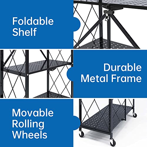 Wellynap 3-Tier Foldable Standing Shelf, Metal Rack Storage Shelving Units with Rolling Wheels, Moving Easily Organizer Shelves Great for Garage Kitchen, Black