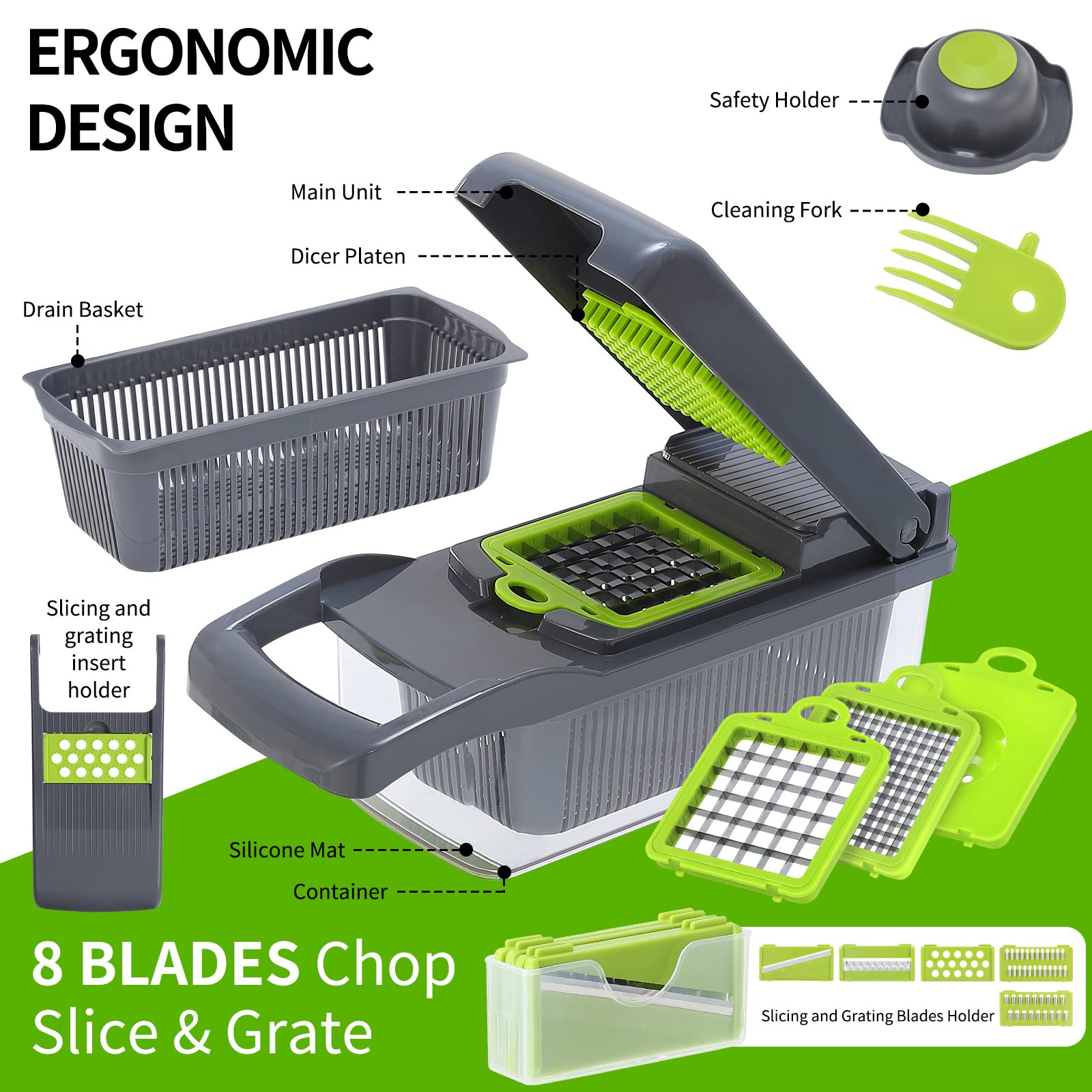 Premium Vegetable Chopper, 7 Blade Veggie Chopper, Cutter, Dicer, 12-in-1 Onion Chopper, Mandolin Slicer, Multifunctional Food Chopper with Container