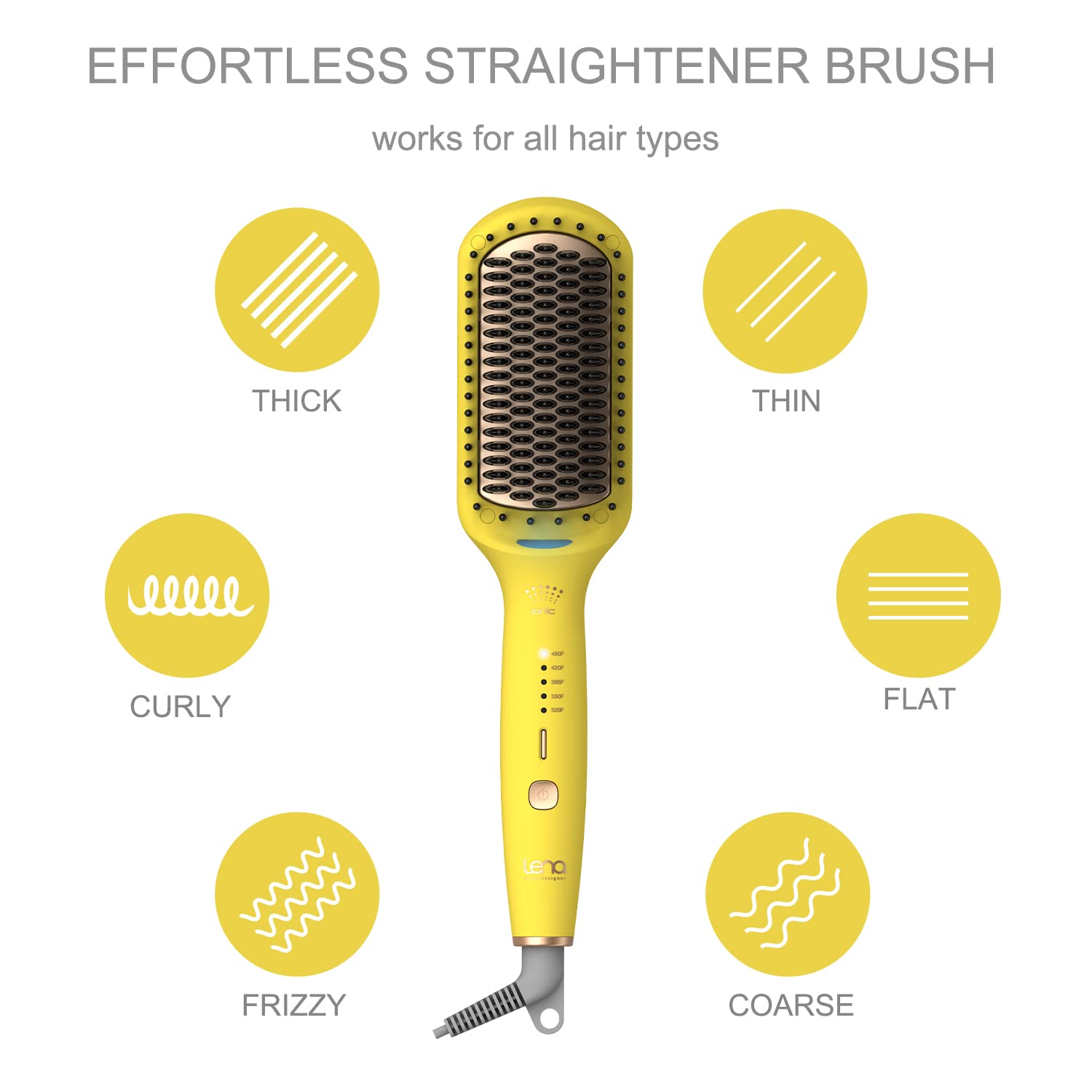 LENA Ionic Straightening Brush - Pro Flat Iron Straightener Comb and Heated Paddle Brush Styler with Extra Ion Care for Ultra Smooth Hair, Anti-Scald,Auto Off, Max 450°F (Yellow)