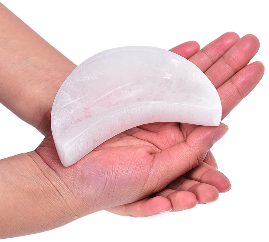 JIC Gem 4 Inch Selenite Bowl Moon Shape Moroccan Selenite Crystal Charging Bowl for Healing, Recharging Crystals