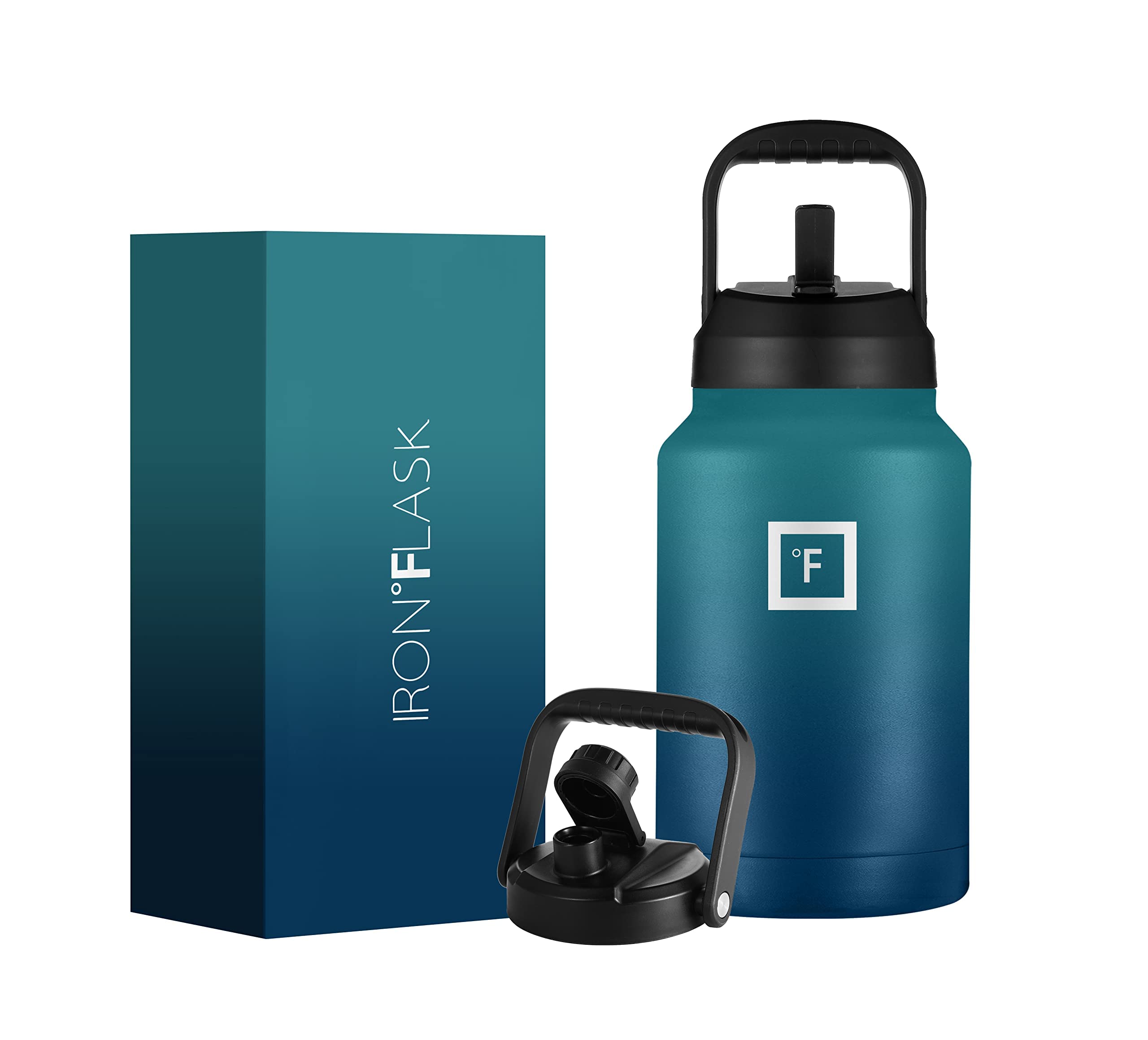 IRON °FLASK Sports Water Bottle - Gallon Series - 2 Lids (Straw and Spout), Leak Proof, Vacuum Insulated Stainless Steel, Double Walled, Thermo Mug, Metal Canteen Jug Growler - Dark Night, 128 Oz