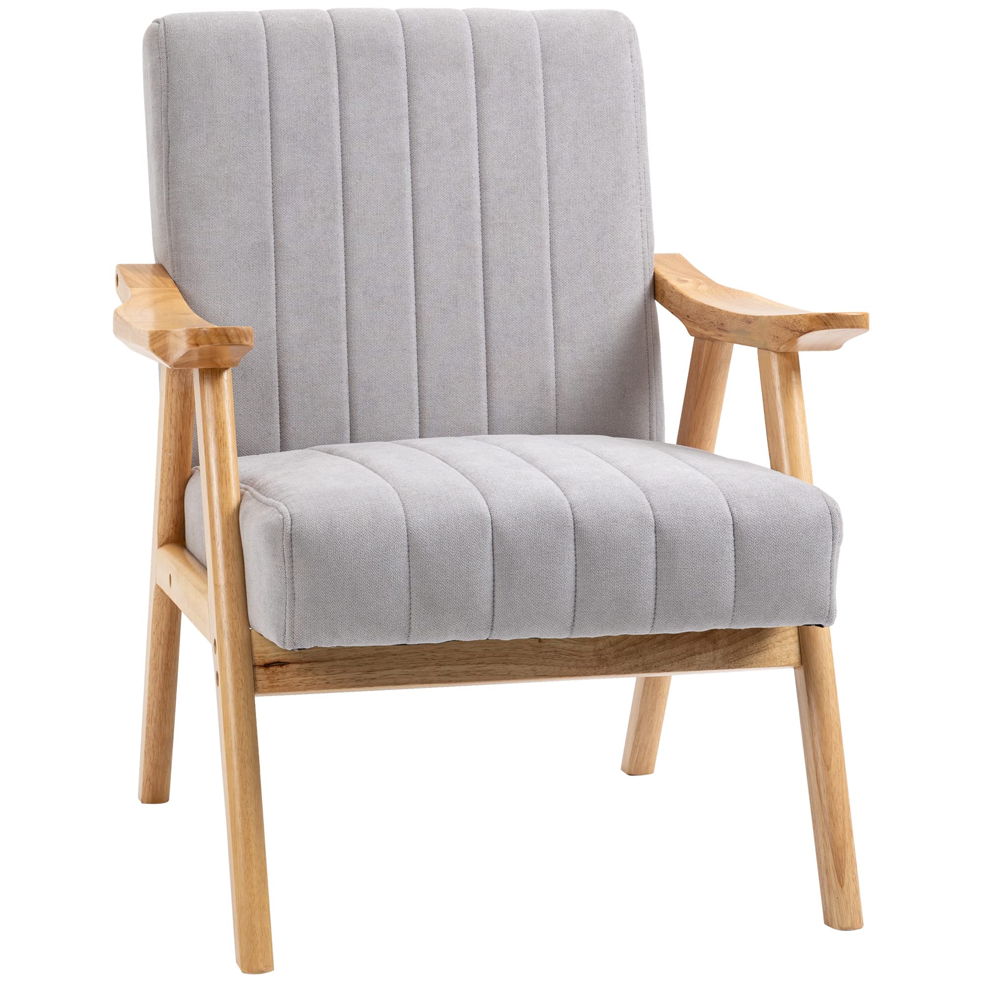 HOMCOM Mid-Century Modern Accent Chair, Upholstered Arm Chair for Living Room, Comfy Chair for Bedroom with Wood Legs, Gray