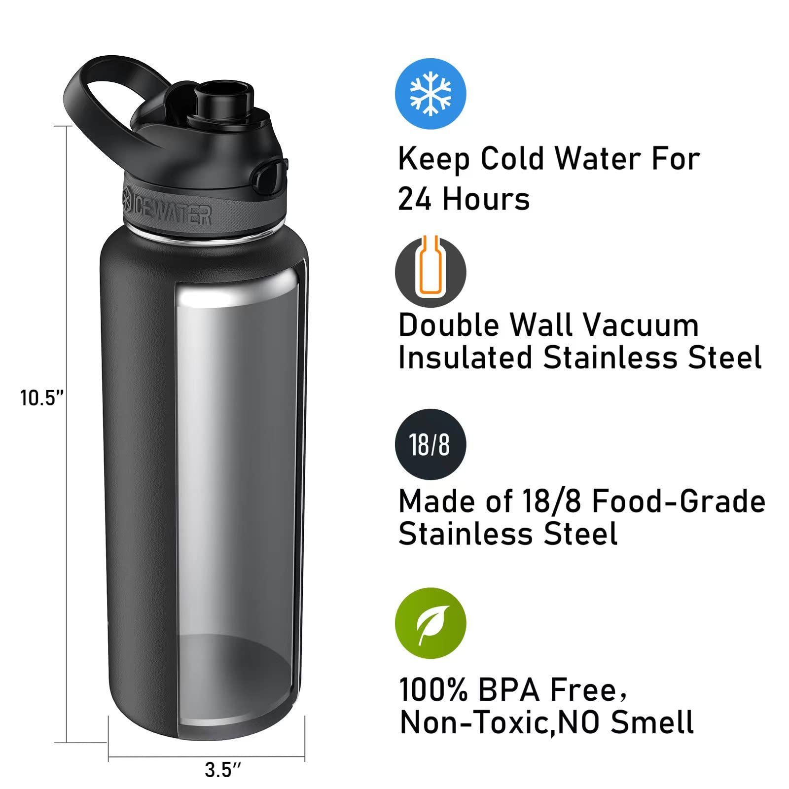 ICEWATER-40 oz, Auto Spout Lid, Stainless Steel Water Bottle, BPA Free, Double Walled Vacuum, Lockable Lid, Leak Proof, Pop-up Top, One-hand Operation (40 oz, Black)