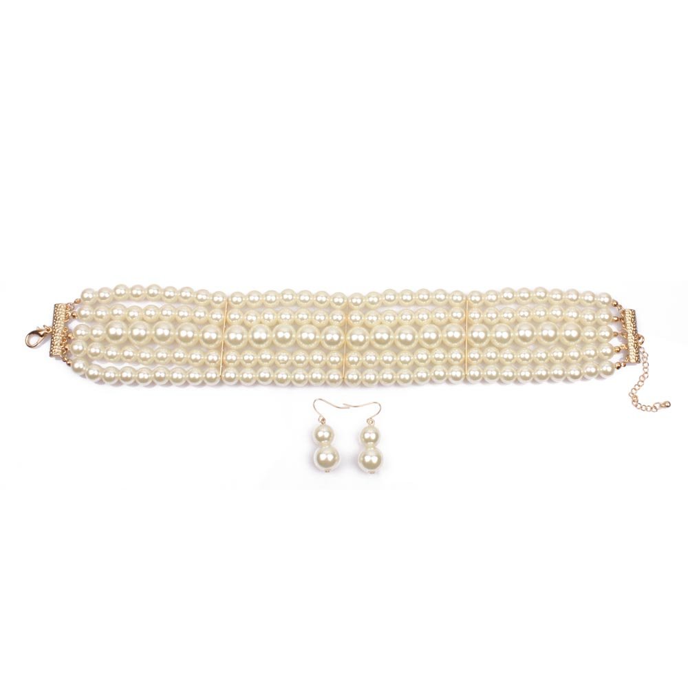 KOSMOS-LI Fashion Simulate Pearl Choker Necklace With Earrings Set (Ivory)