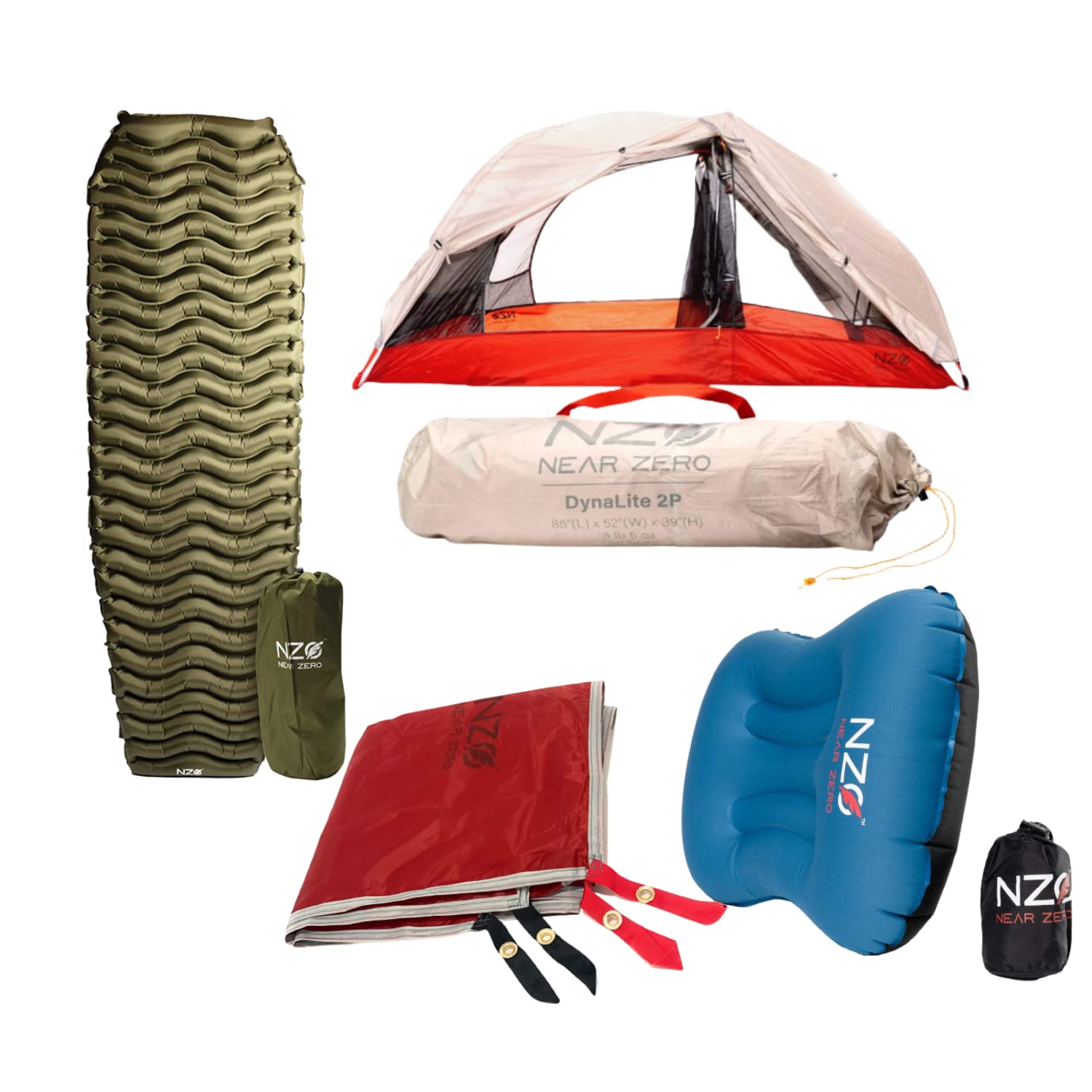 Near-Zero 2 Person Ultra-Lightweight Tent, 2P Footprint Ground Tarp, Ultralight Sleeping Pad, Ultra lightweight camping pillow