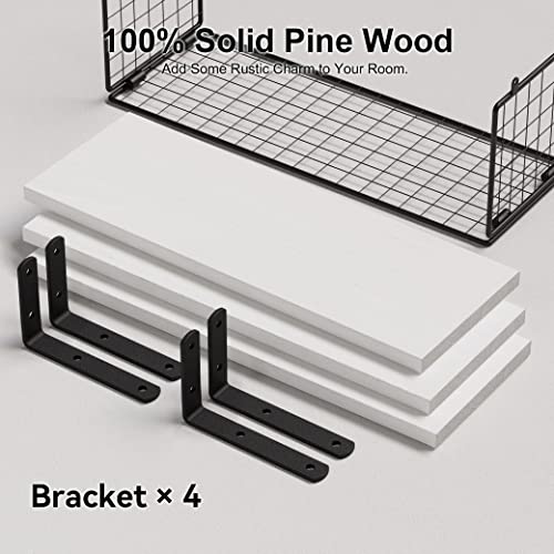 WOPITUES Bathroom Shelves Over Toilet, Floating Wall Mounted with Wire Basket, Wood Floating Shelf for Wall Décor, Bathroom Wall Décor Shelves–White
