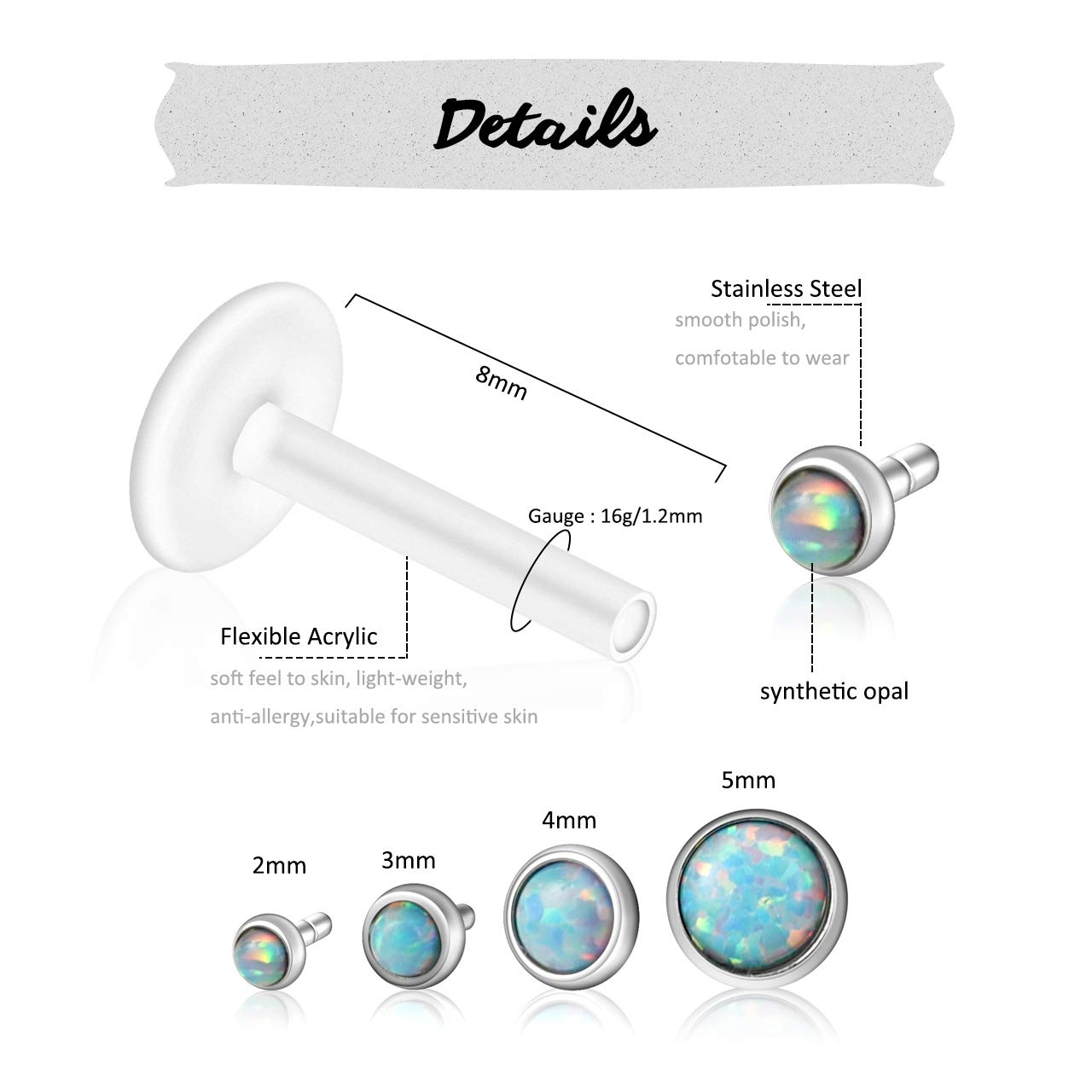 Jovivi 8pcs 2-5mm Created-Opal Labret Monroe Lip Rings Tragus Helix Earring Studs Piercing Jewelry 16G 5/16" 8mm