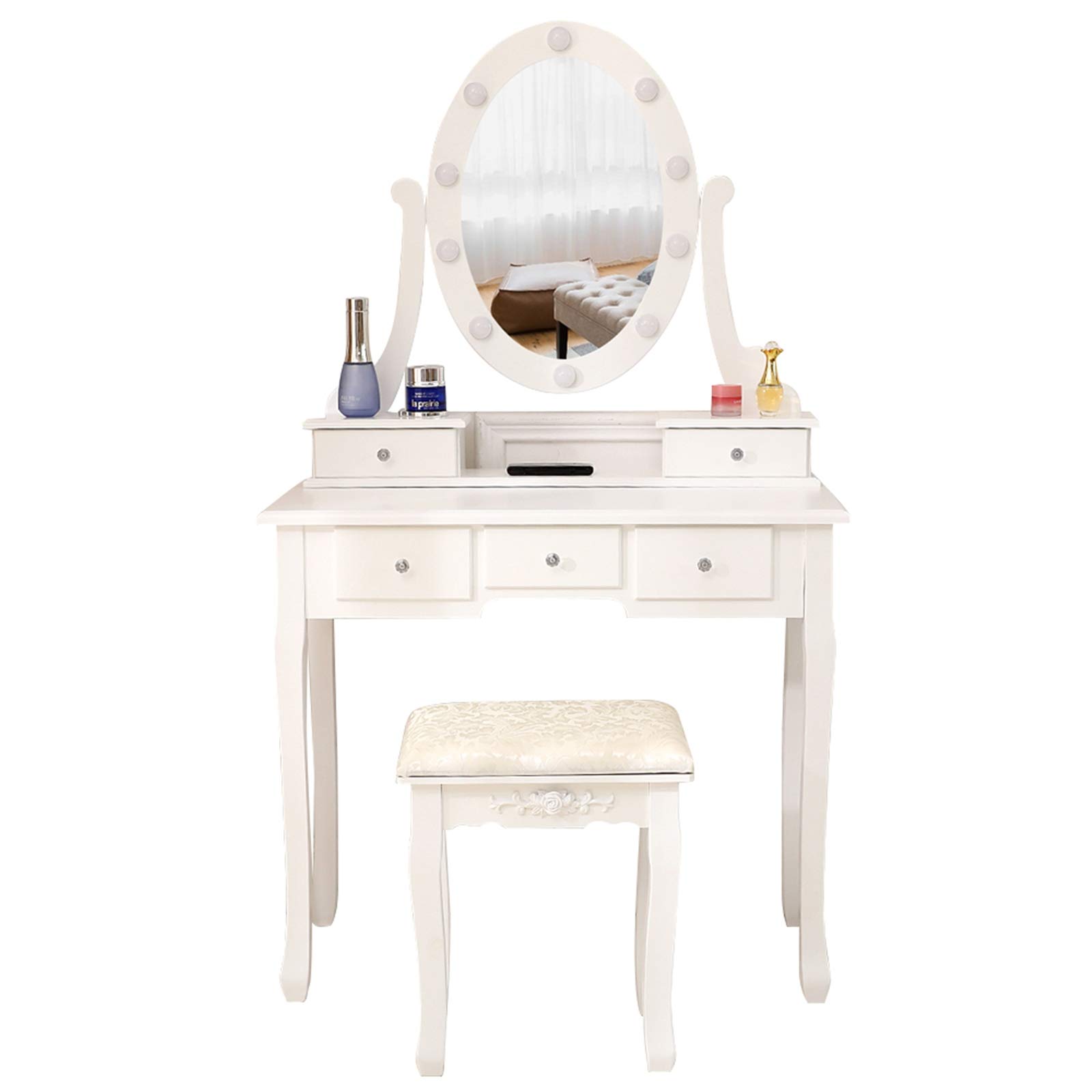 IMGDD Vanity Desk with Mirror and Lights with Light Bulb,Single Mirror Makeup Vanity 5 Drawer Dressing Table,Vanity Mirror with Lights Desk and Chair Makeup Desk White