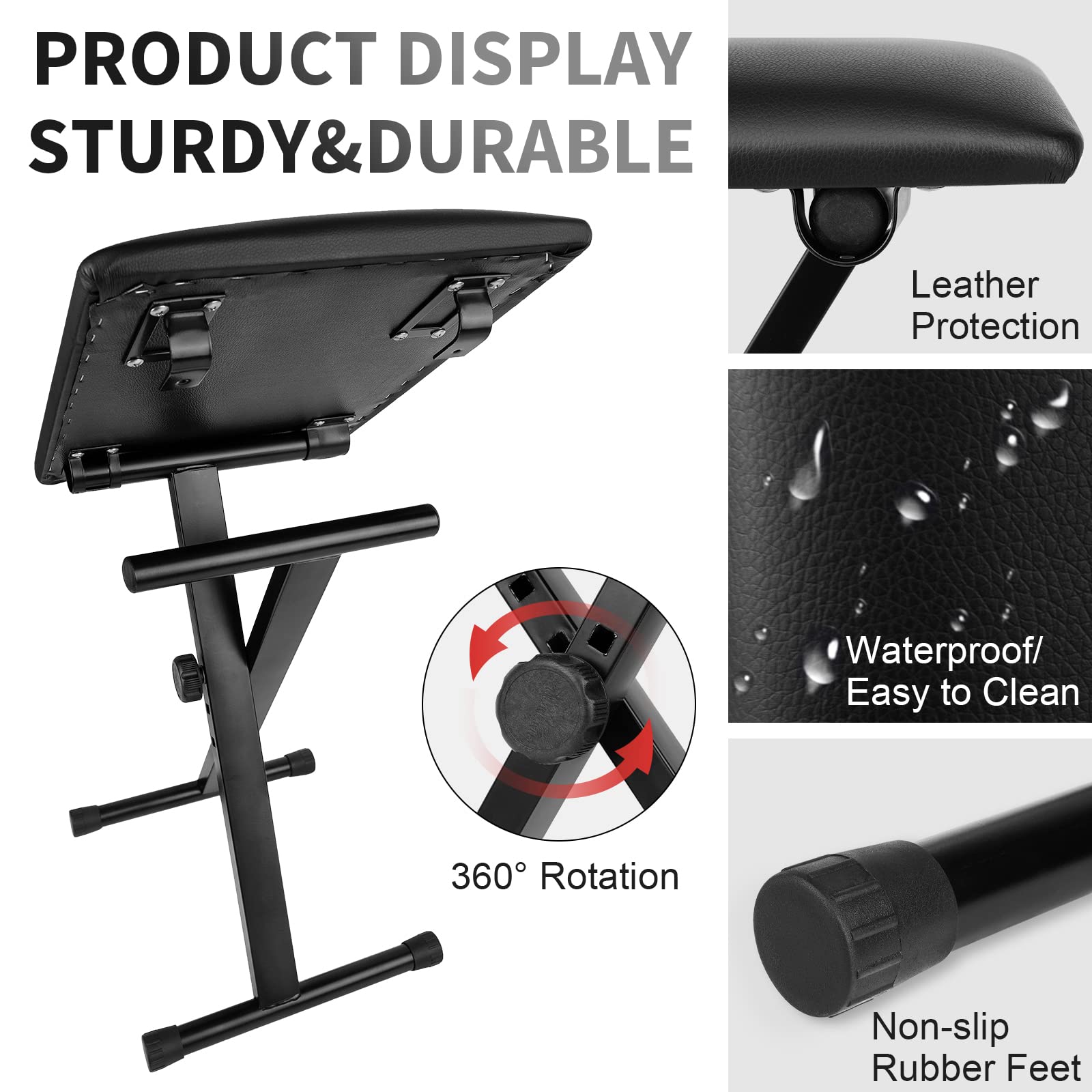 MUZNOTE Piano Bench, Adjustable Keyboard Bench Padded Keyboard Chair Seat X-Style Collapsible, Flame Retardant Cotton, Non-Slip Waterproof Design, Black