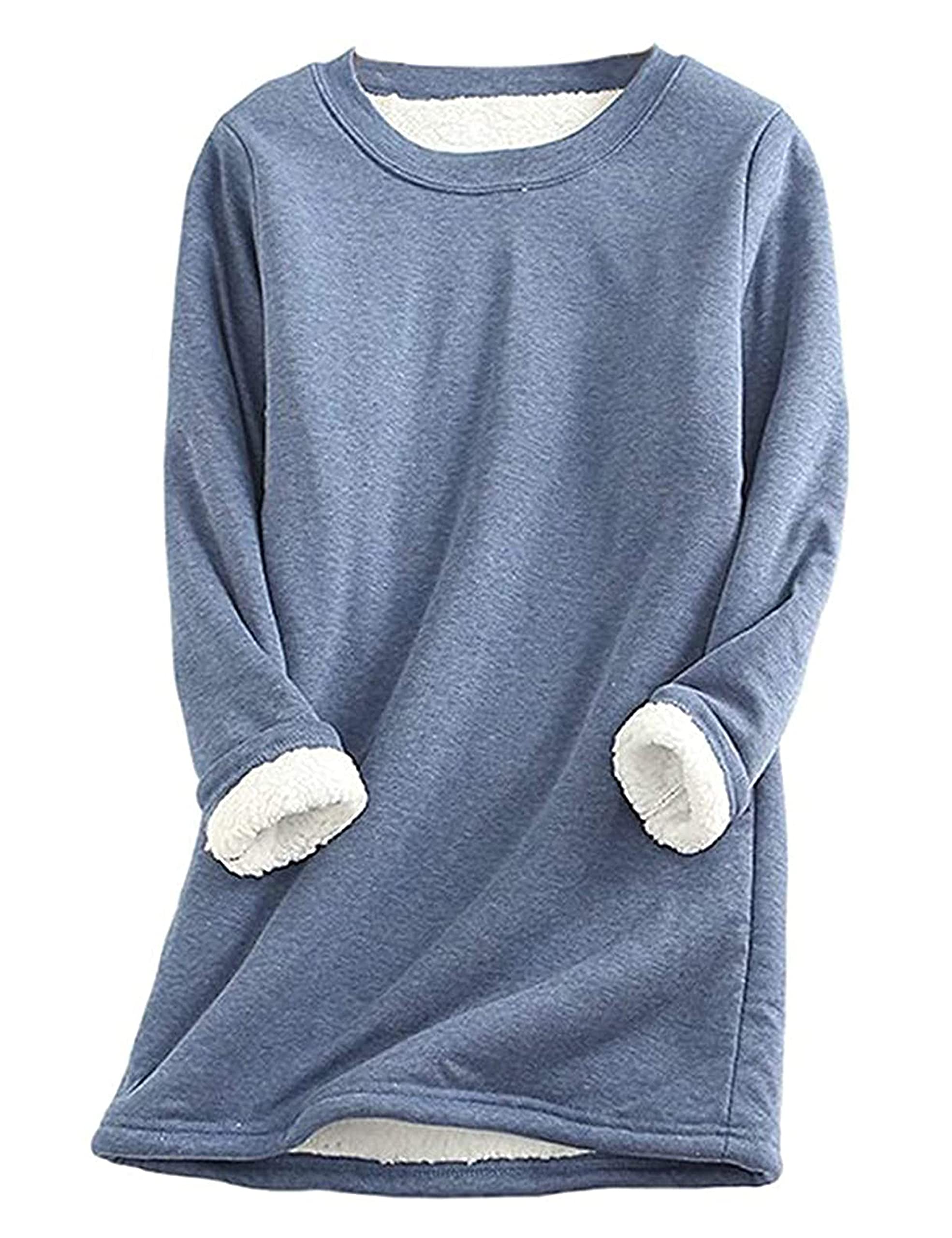 Lentta Women's Sherpa Lined Sweatshirt Winter Warm Crewneck Pullover Loungewear(Blue-M)