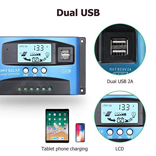 SolaMr Solar Charge Controller 40AMP Solar Panel Battery Regulator 12V/24V Auto with LCD Display Dual 5V USB Adjustable Parameter Fits for Open,AGM,Gel Lead Acid Batteries