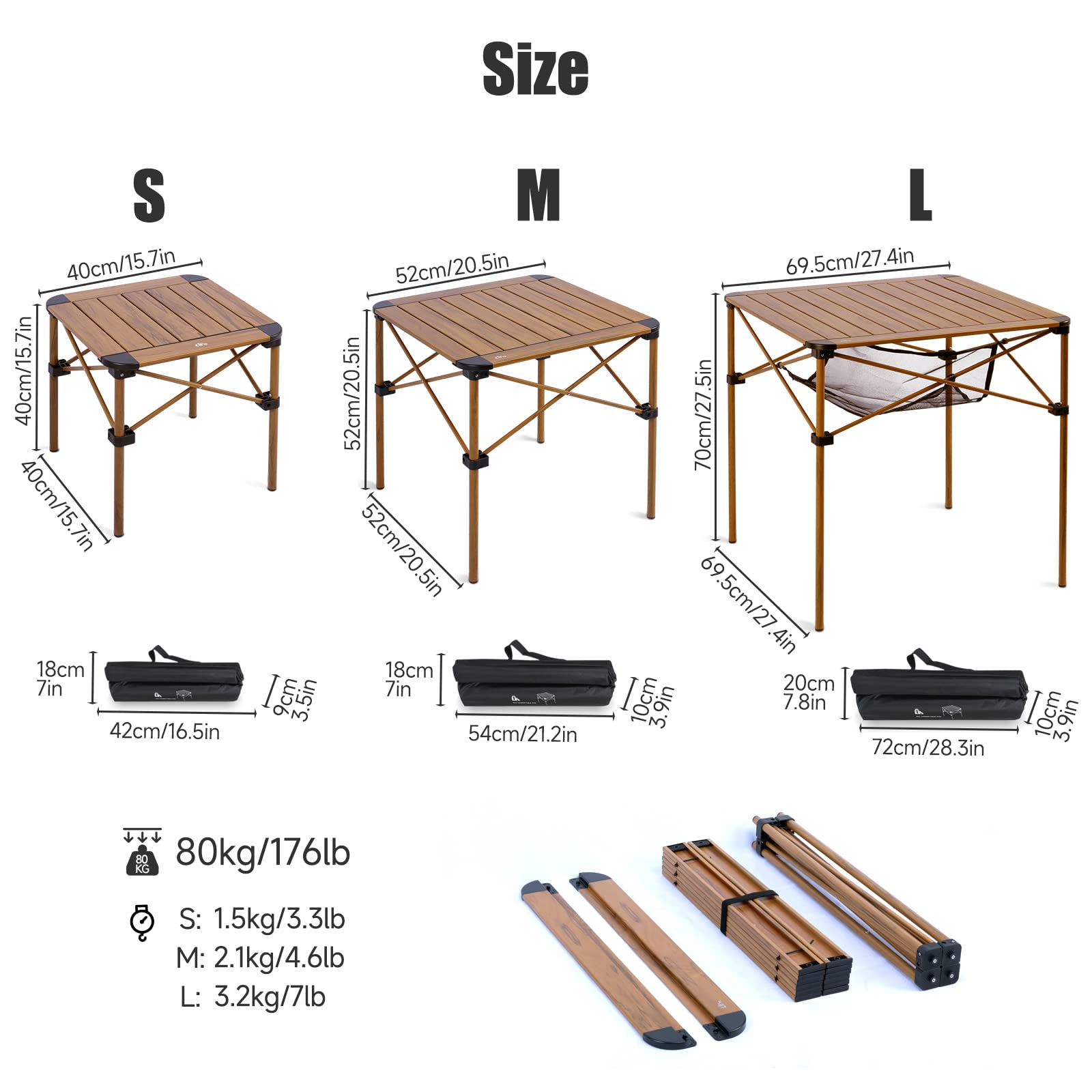 iClimb Lightweight Stable Alu. Folding Square Table Roll Up Top with Carry Bag for Camping Picnic Backyards BBQ Camp Kitchen (Nature, M)