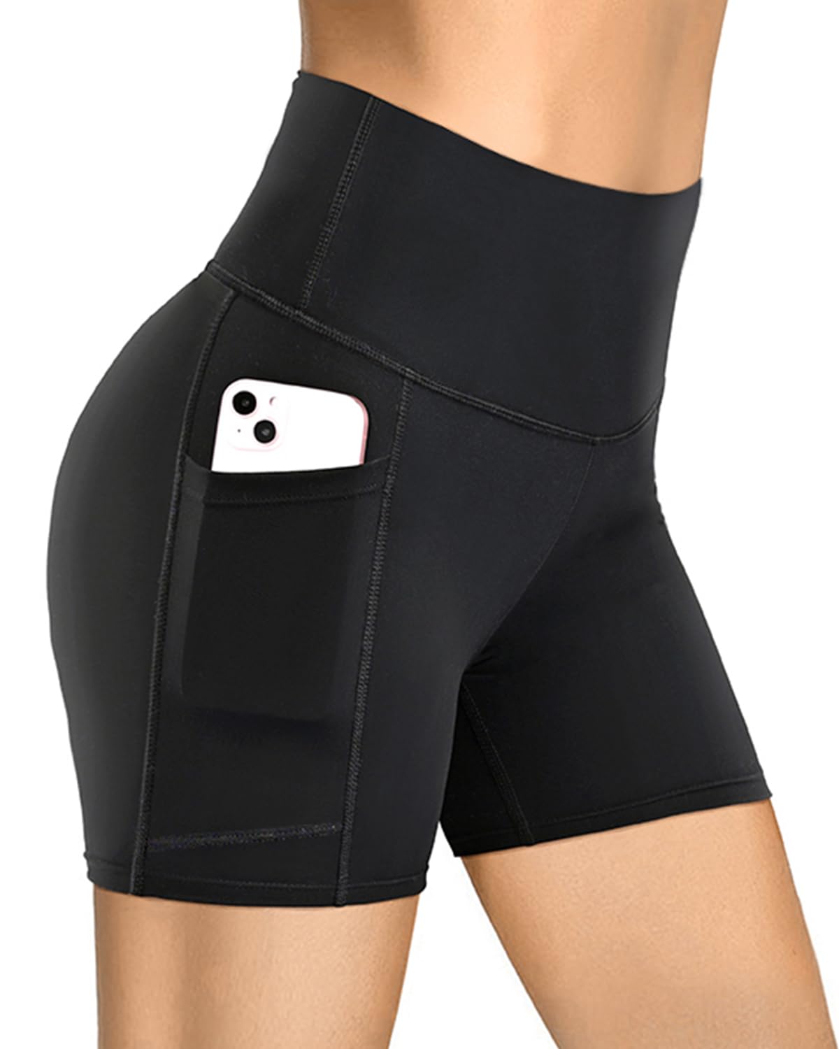 MARINAVIDA High Waisted Black Yoga Shorts Biker Shorts with Pockets Tummy Control Gym Compression Spandex Shorts 5"