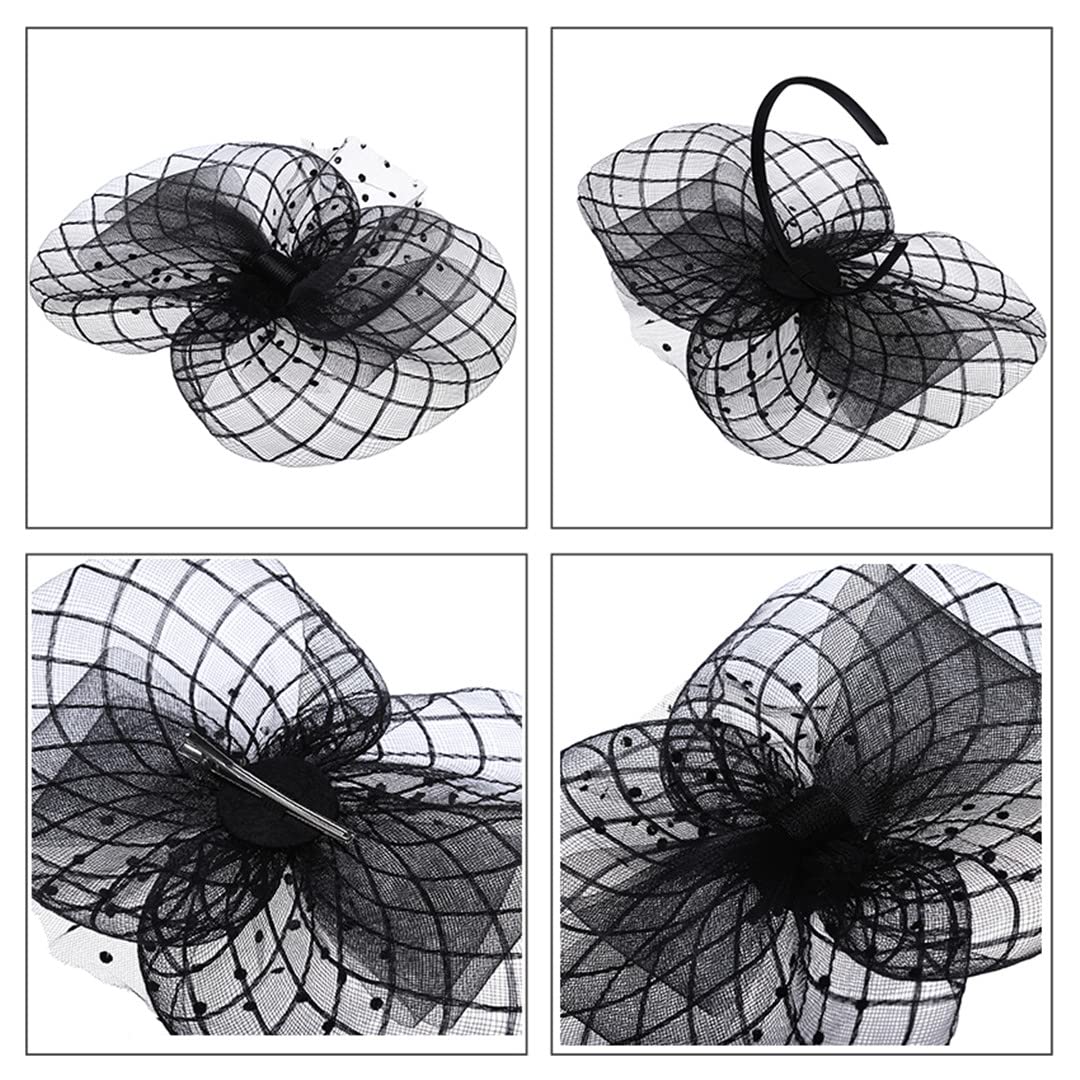 Mesh Topper Big Bow Solid Black Hat Headband Hair Clip for Women Cocktail Tea Party Hat Wild Hair Accessory White