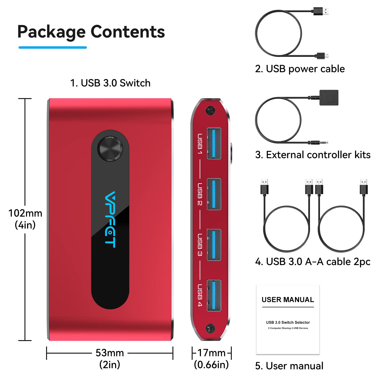 USB3.0 Switch Selector 4-Port USB Switch 2 PCs Sharing 4 USB peripherals KM Switch Hub for PC Laptop Mouse Keyboard Printer Scanner Headset etc with 2 USB3.0 Cables and 1 Desktop Controller