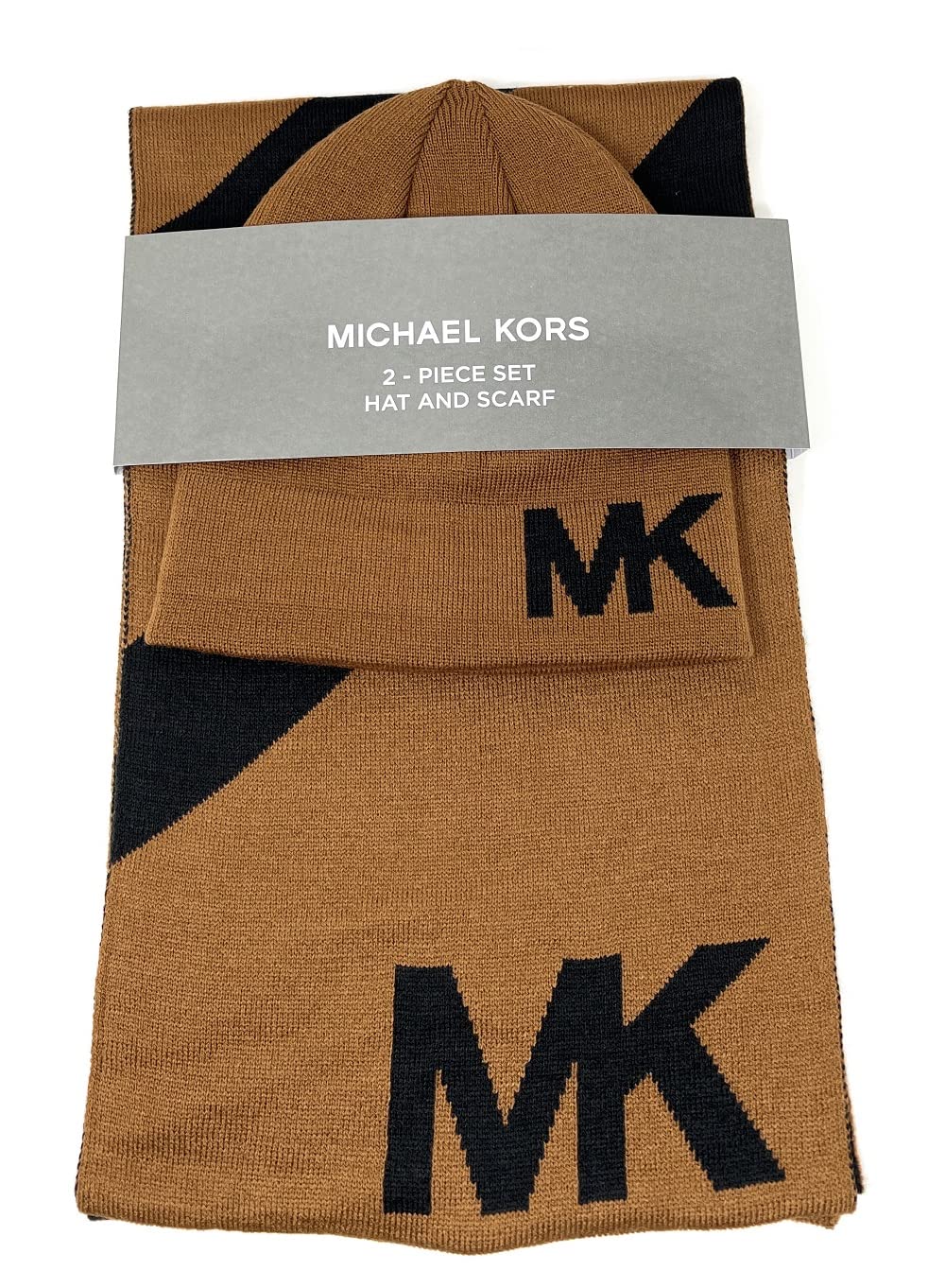 Michael Kors Men's Diagonal Stripe Scarf and Beanie 2 Piece Set, Dark Camel