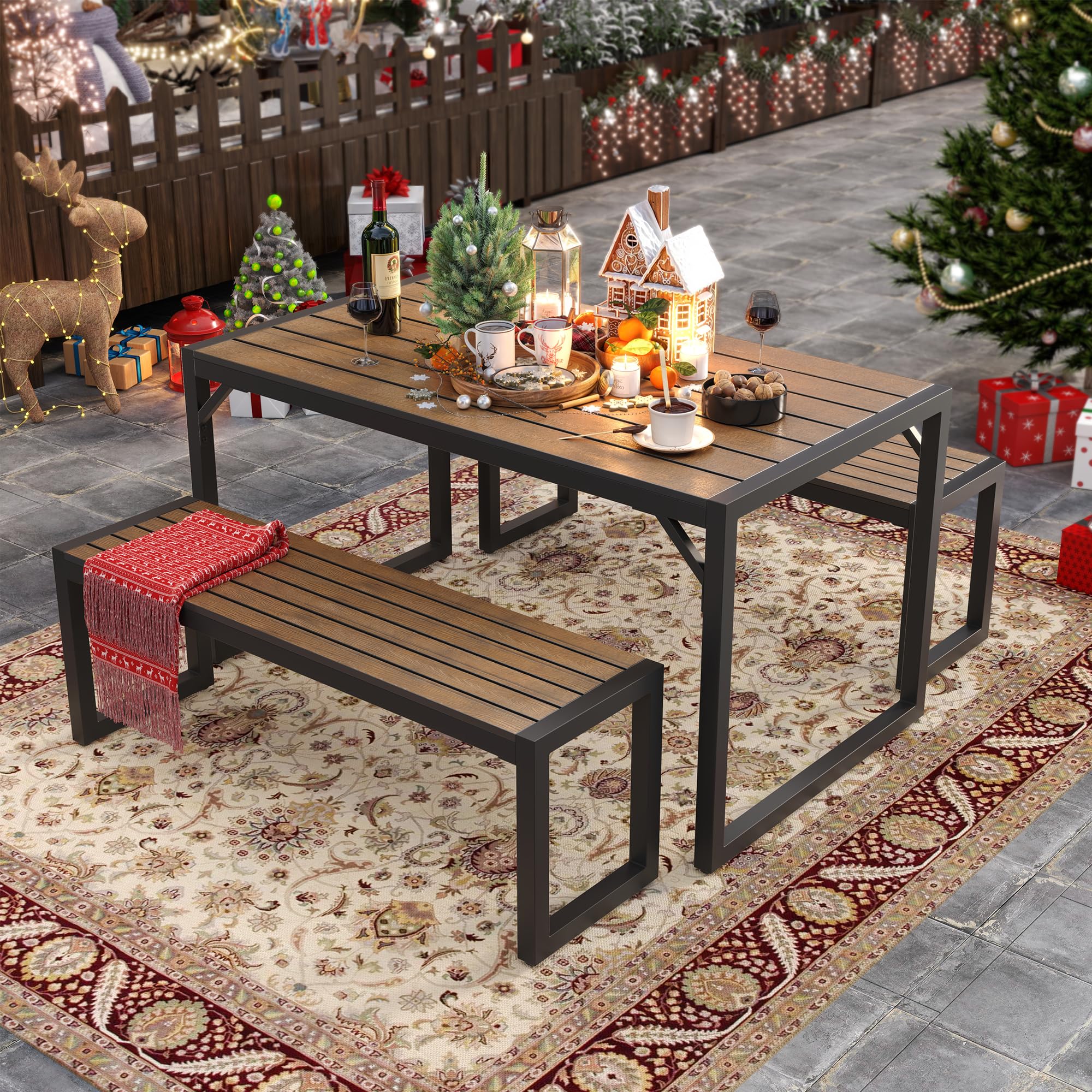 YITAHOME Patio Dining Table and Bench with Faux Wood Tabletop, Outdoor Dining Set for 4-6 People, All-Weather Picnic Conversation Set for Garden Backyard Poolside - Brown