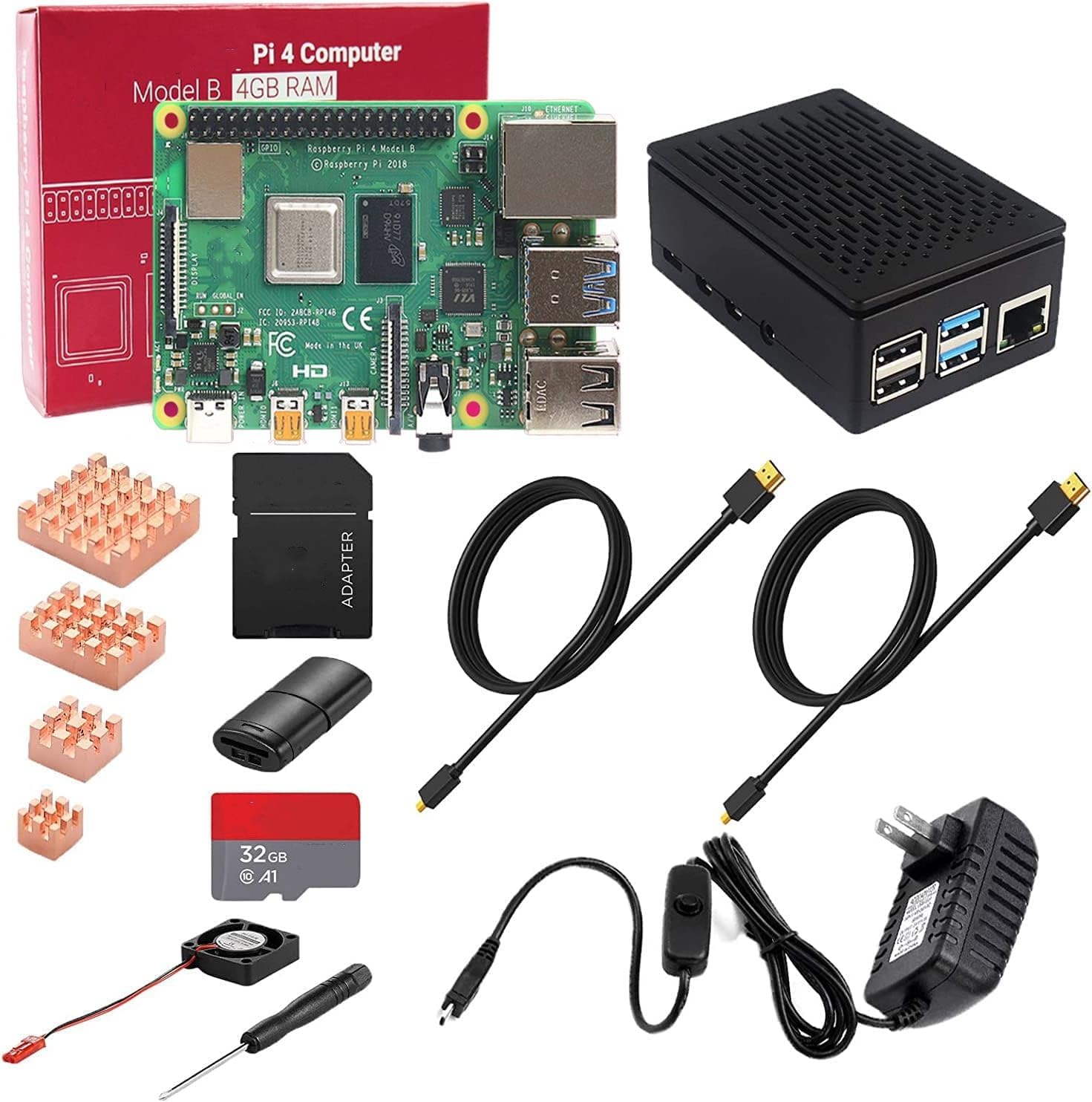 RasTech Pi 4 2GB Starter Kit 2GB RAM with 32GB Card 4 Copper Heatsink 2 HD Out Cable 5V 3A Power Supply with ON/Off Case Cooling Fan Card Reader Screwdriver