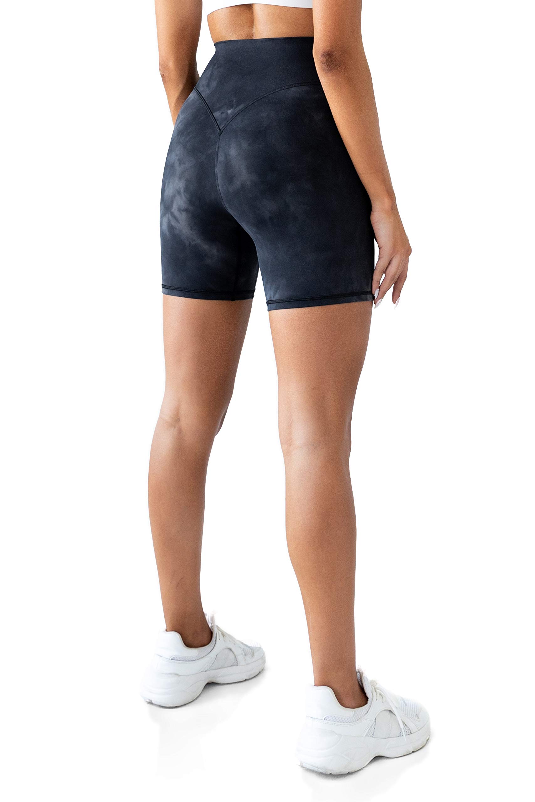 Kamo Fitness Ellyn High Waisted Yoga Shorts 6" Inseam Butt Lifting Tie Dye Soft Workout Pants Tummy Control (Black Tie Dye, M)