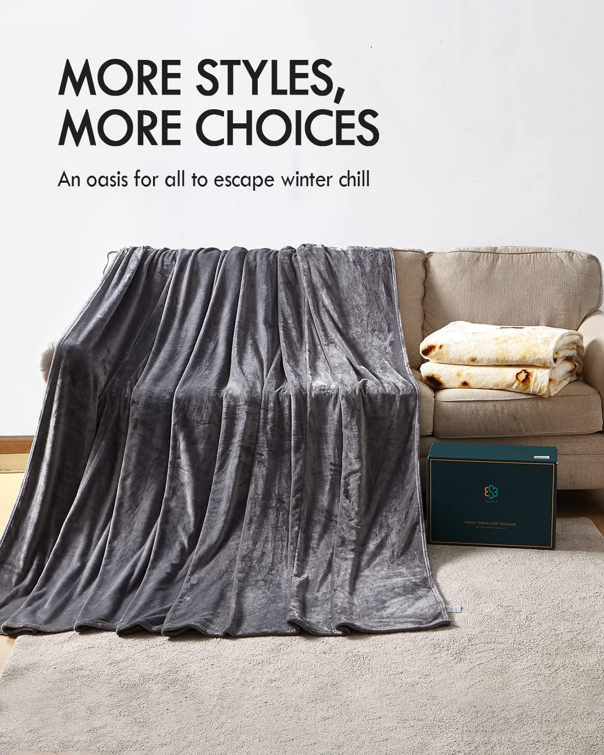 Kaisa Big Blanket 120β x 120" Oversized Huge Blanket 10' x 10' Large Blanket Throw Soft Smooth Cozy Plush Fluffy Flannel Blanket, Outdoor Blanket and Giant Picnic Blanket, Gray