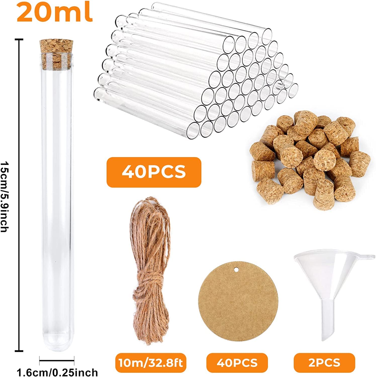 Plastic Test Tubes with Cork Stoppers: 40 Pcs 20ml Test Tubes, Plastic Test Tubes with Cork + Kraft Paper Labels + Twine + Funnels, Plastic Tubes for Scientific Tests, Candy, Bath Salt (150x16mm)