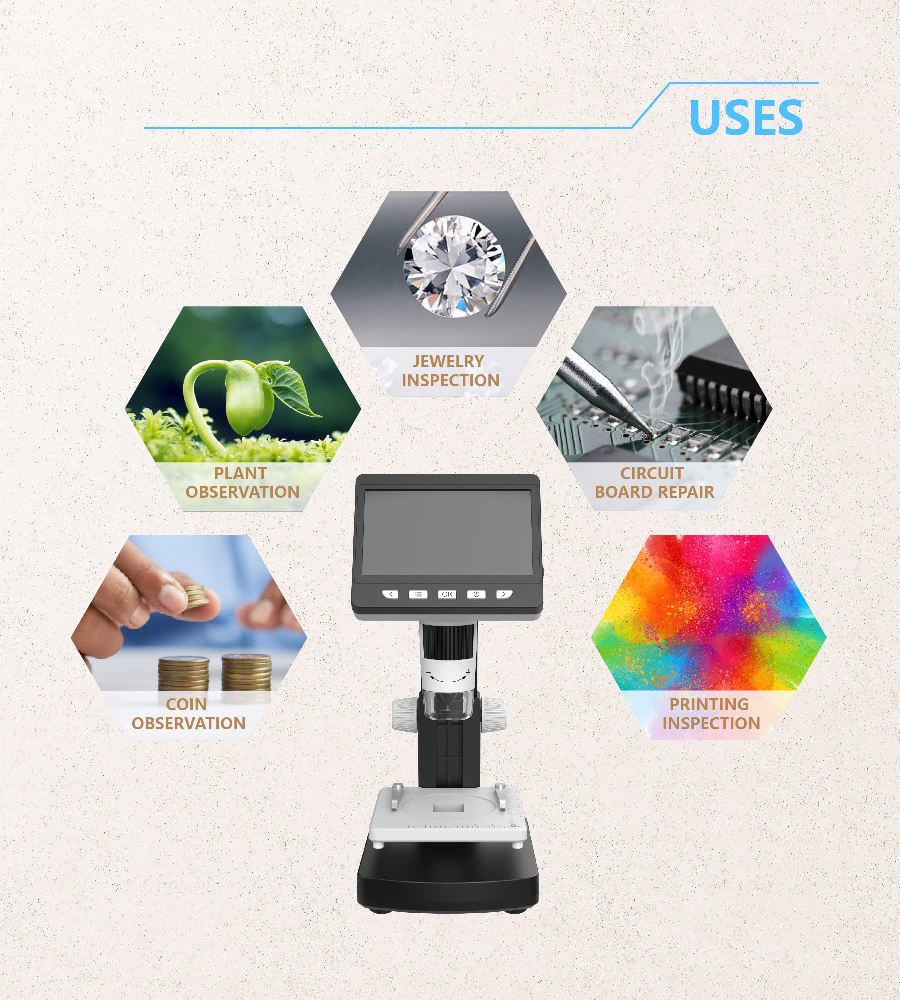 LCD Microscope 4.3" IPS Screen, 1080P Digital Stand Microscope Inspetion Camera, 8 LED Lights, 50x-1000x Magnification, USB Electron Microscopes Compatible with Computer