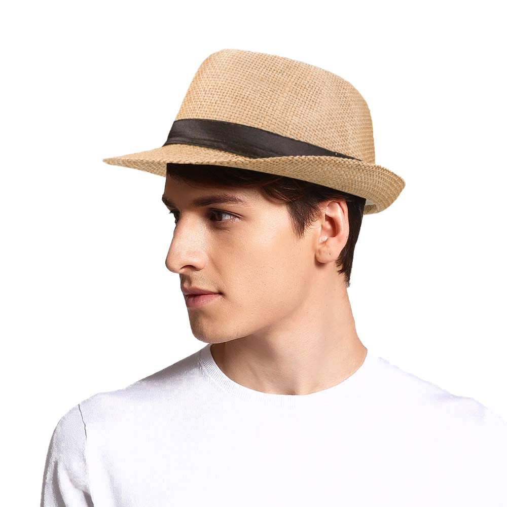 Mens Summer Straw Short Brim Fedora Panama Trilby Beach Sun Hat Khaki