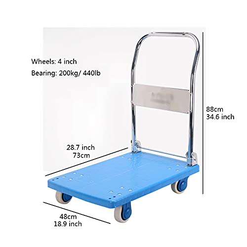 Platform Hand Truck Platform Truck Silent Push Cart with Metal Handle and Plastic Deck for Luggage Cooler Moving Folding Hand Trolley Swivel Wheels Foldable (Size : 440lb(72 * 46))