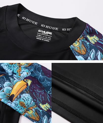 HUGE SPORTS Men's Splice UV Sun Protection UPF 50+ Skins Rash Guard Short Sleeves(HeyToucan, L)