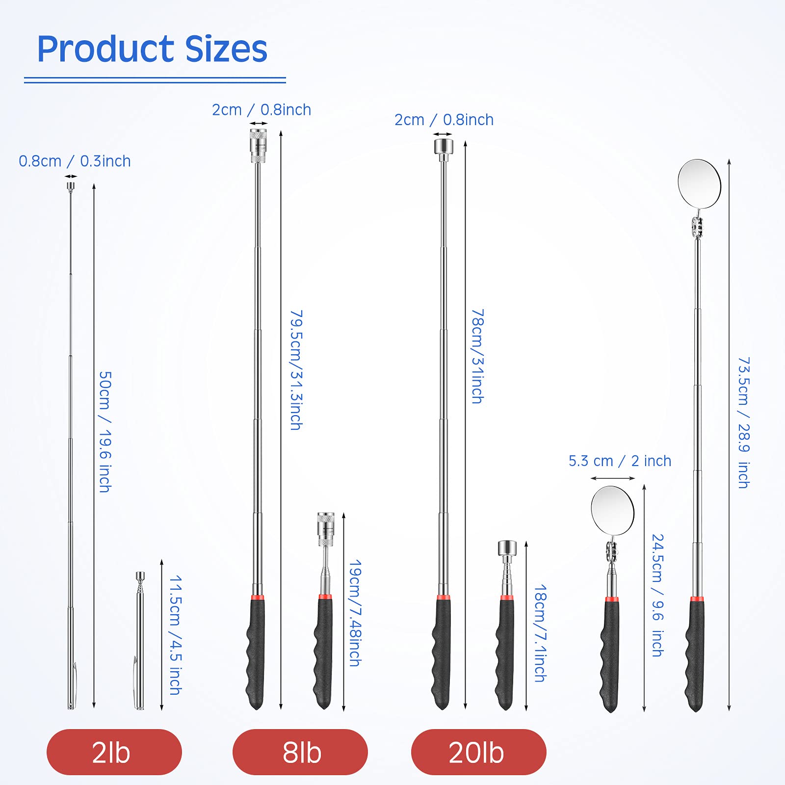 Patelai 4 Pcs Telescoping Magnet Tool Inspection Mirror Set with 2 lb 20 lb Magnetic Pickup Tool 8 lb LED Light Telescoping Magnet Stick Gadget 360 Swivel for Valentine's Father Day Men Gift Birthday