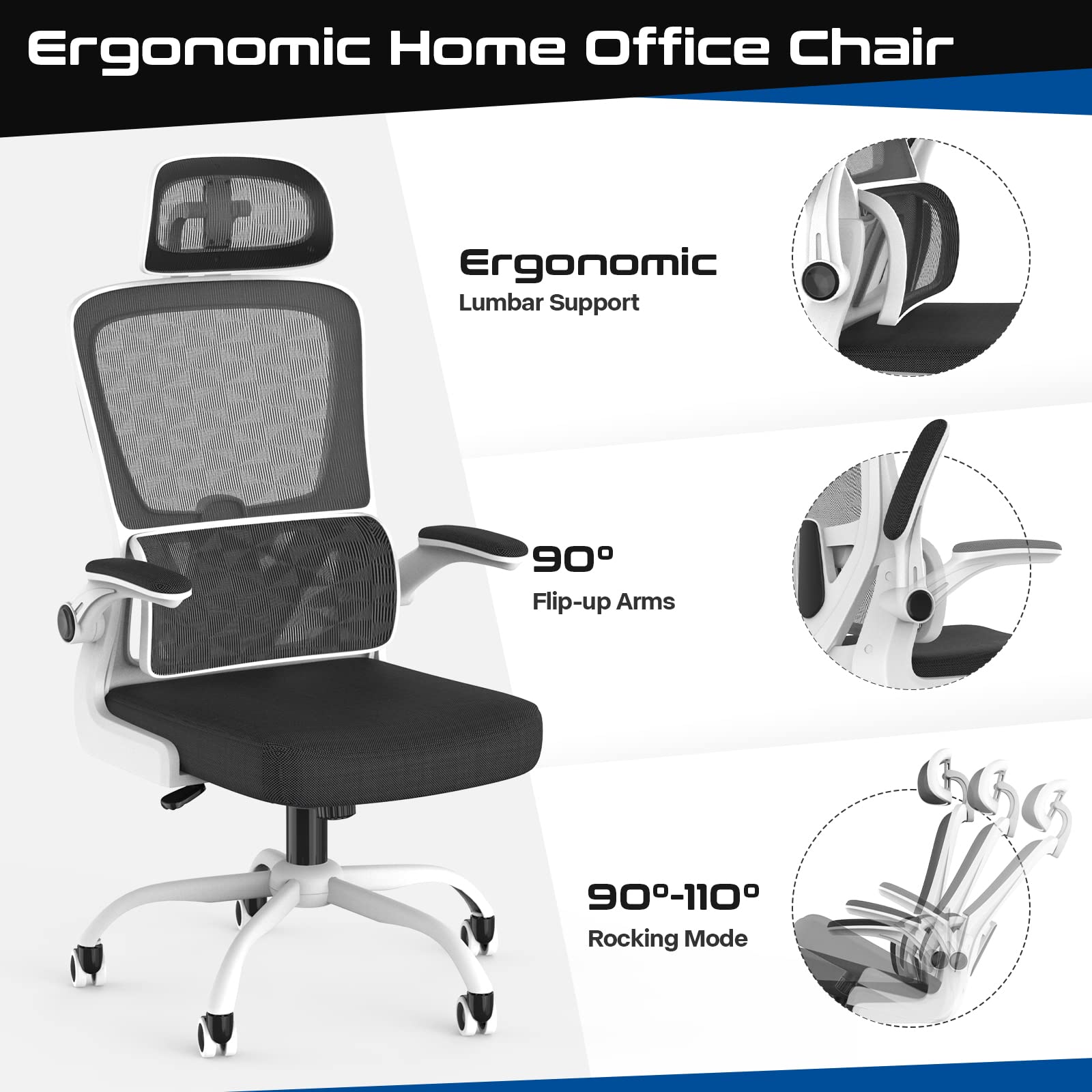 Home Office Desk Chairs Ergonomic Chair with Lumbar Support Flip Up Arms Mesh Computer Chair with Comfortable Wide Seat Adjustable Headrest (White)