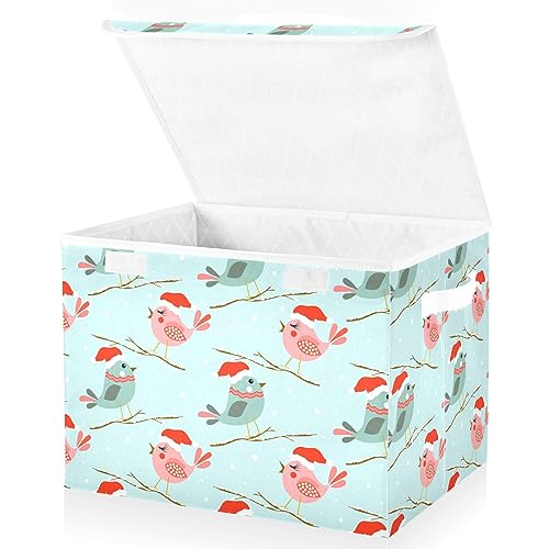 Krafig Foldable Storage Box Large Cube Organizer Bins Christmas Cute Birds Containers Baskets with Lids Handles for Closet Organization, Shelves, Clothes, Toys